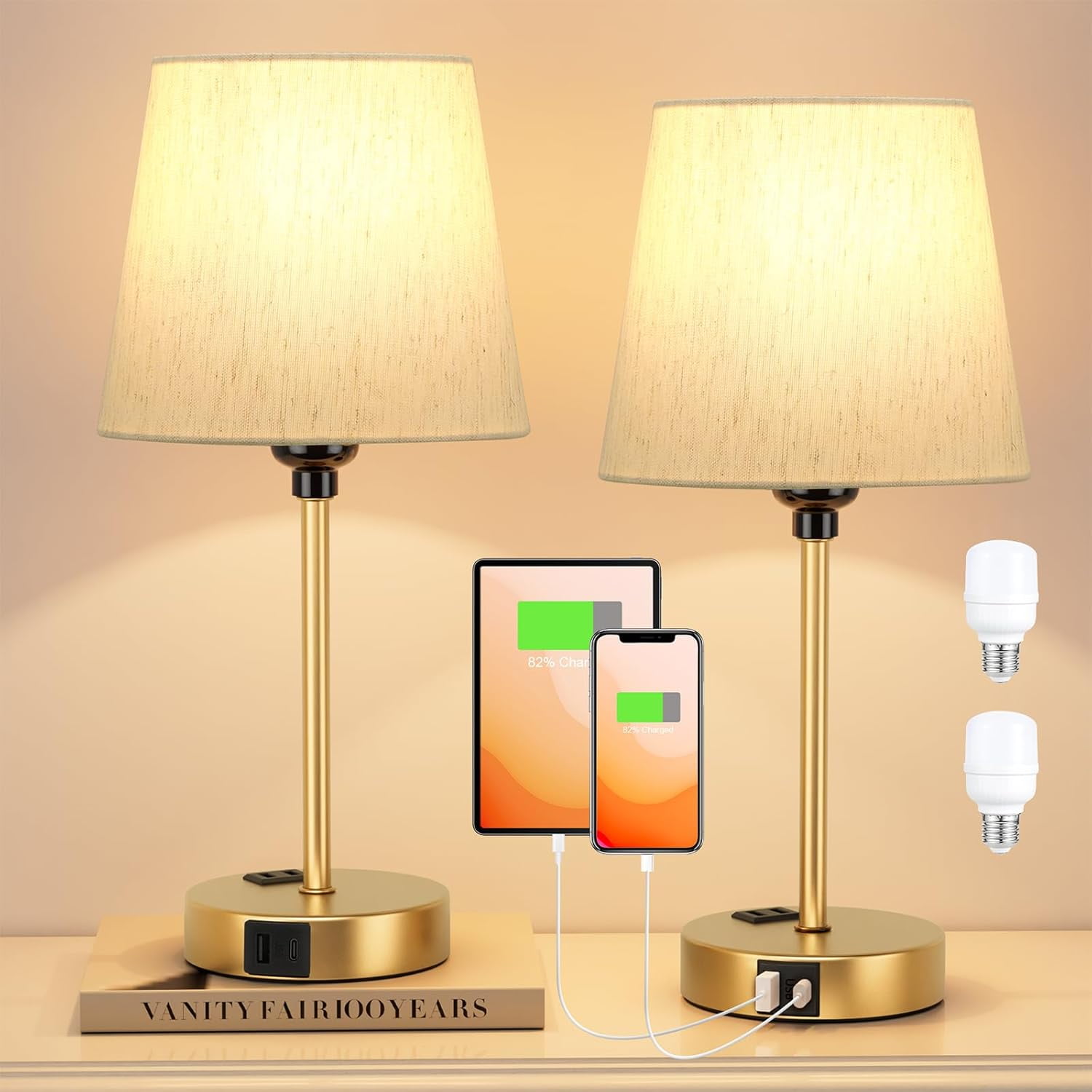 Acaxin Lamp for Bedrooms Set of 2 - Nightstand Bedroom Lamp with USB C ...