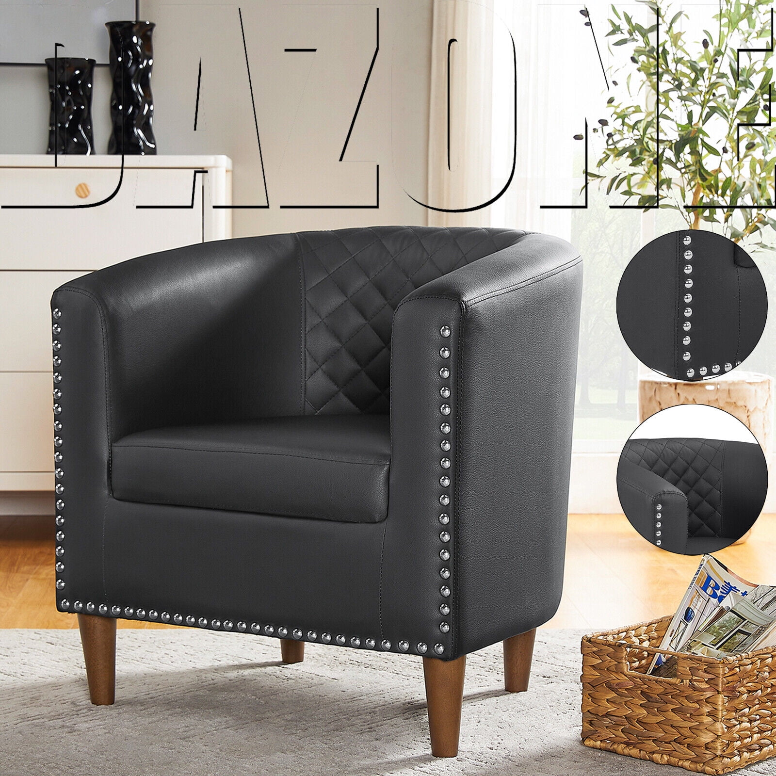 Accent Arm Chair Barrel Tub Club Chair PU Leather Single Sofa Modern ...