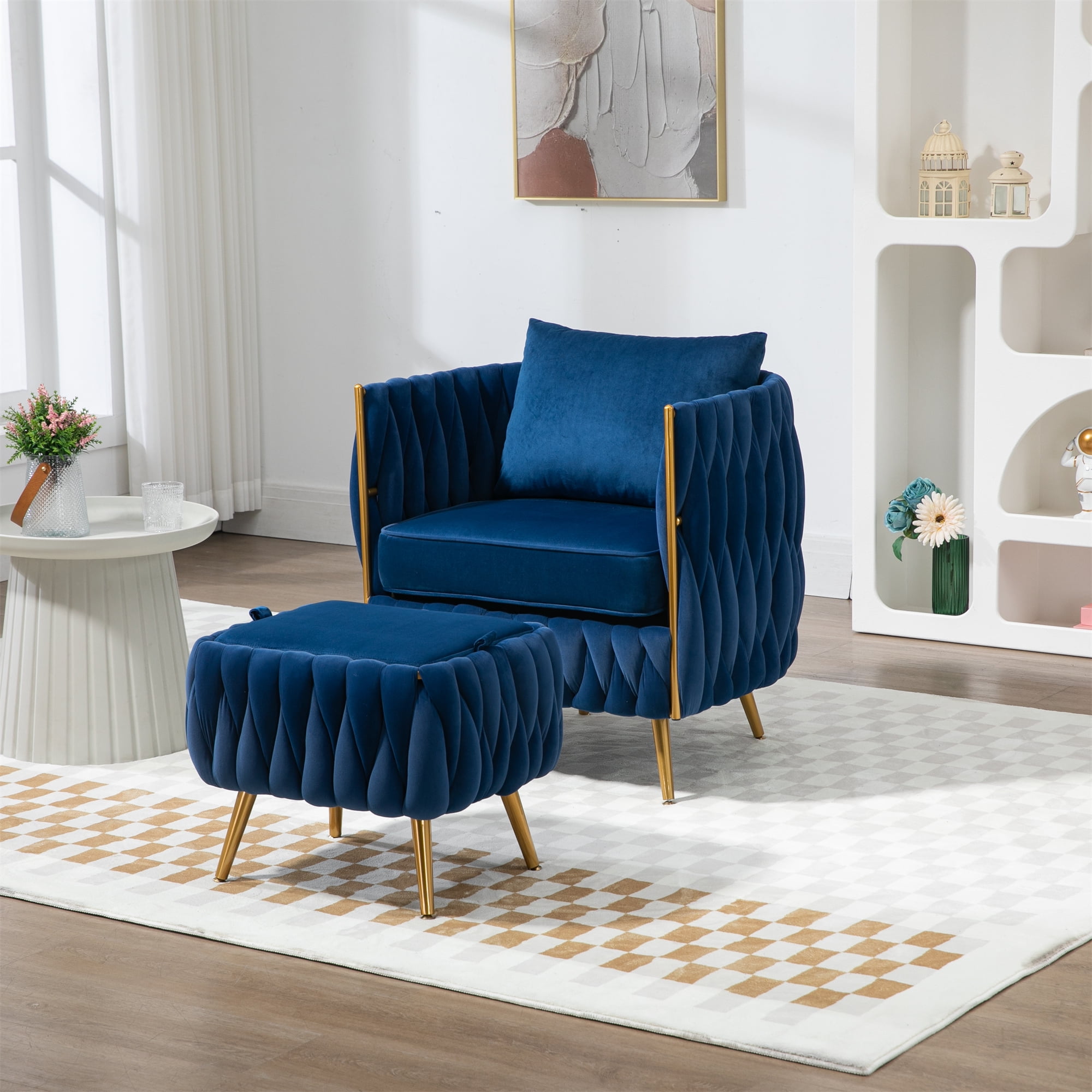 Accent Arm Chair with Storage Ottoman Set, Woven Tufted Barrel Chair ...