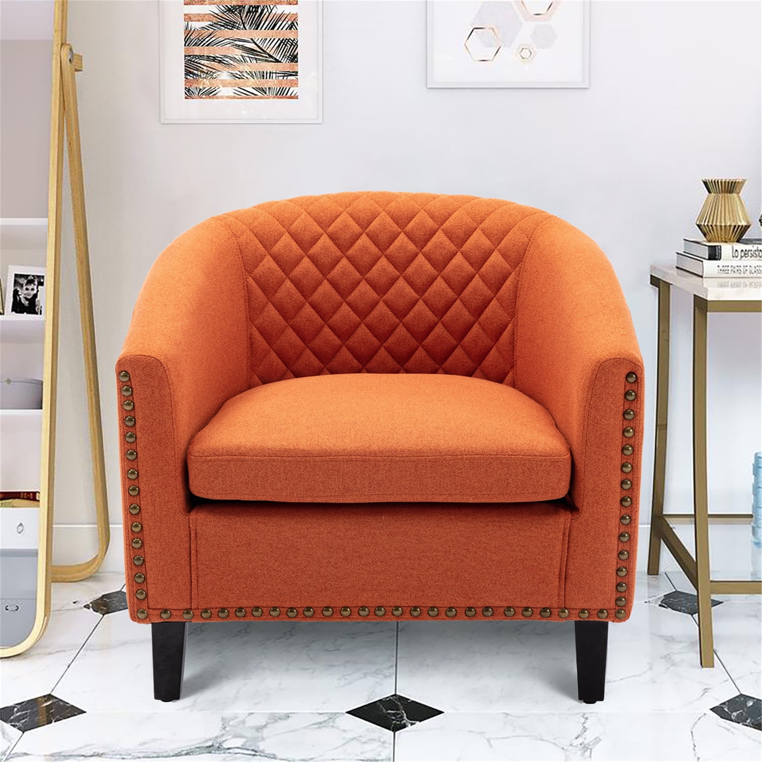 Accent Barrel Arm Chair for Living Room, Linen Fabric Upholstered ...