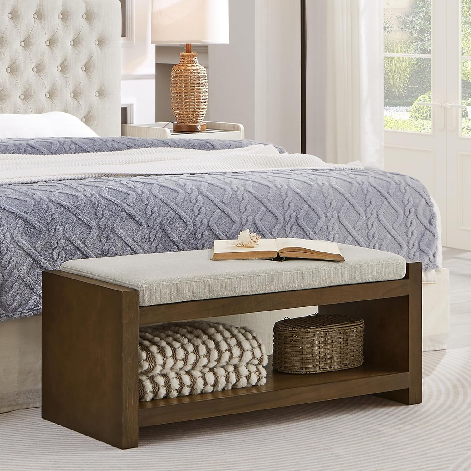 Accent Bench with Lower Shelf Shoe Rack, Padded Seating Bench for ...