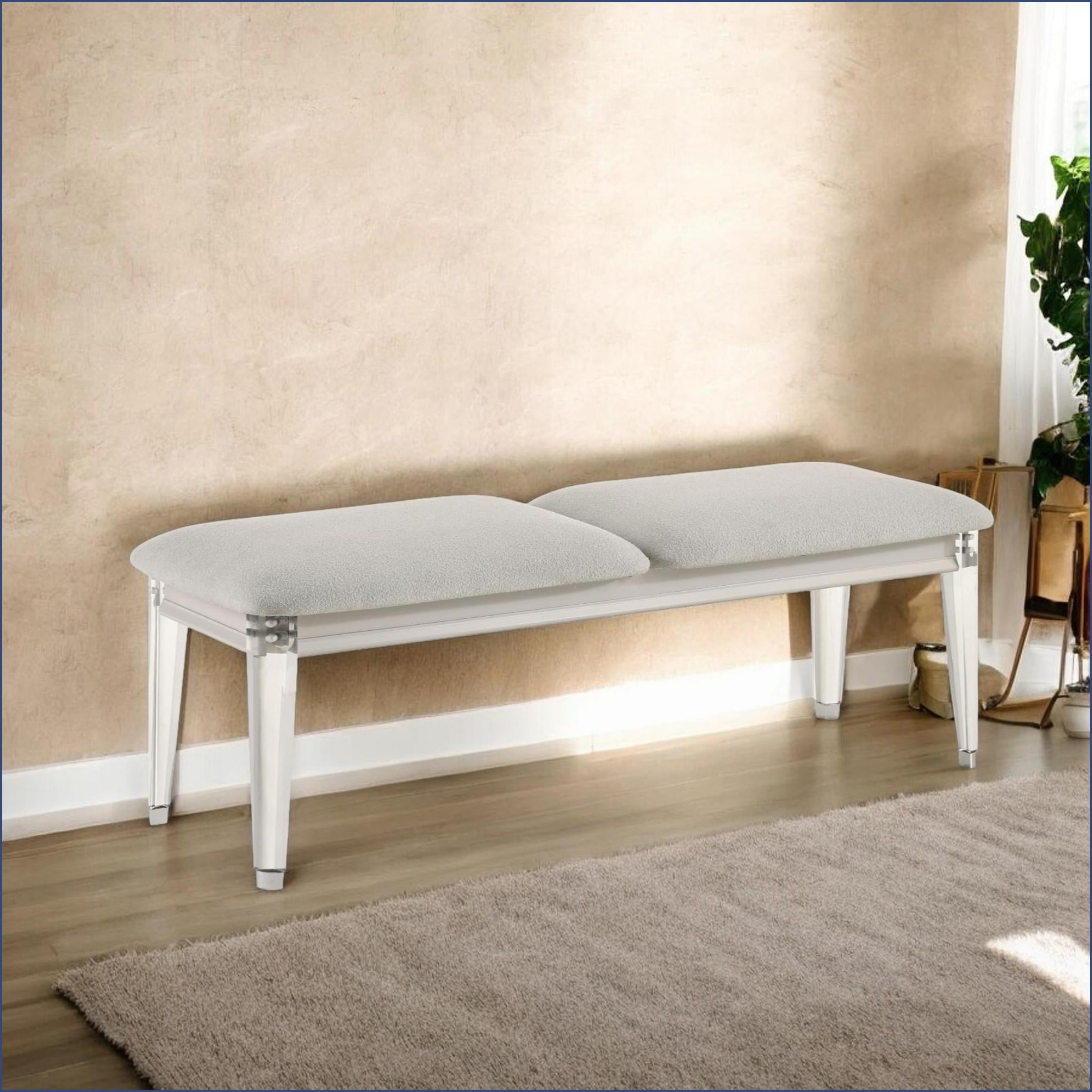 Accent Bench, Modern Light Gray Boucle Upholstered with Pearl White ...