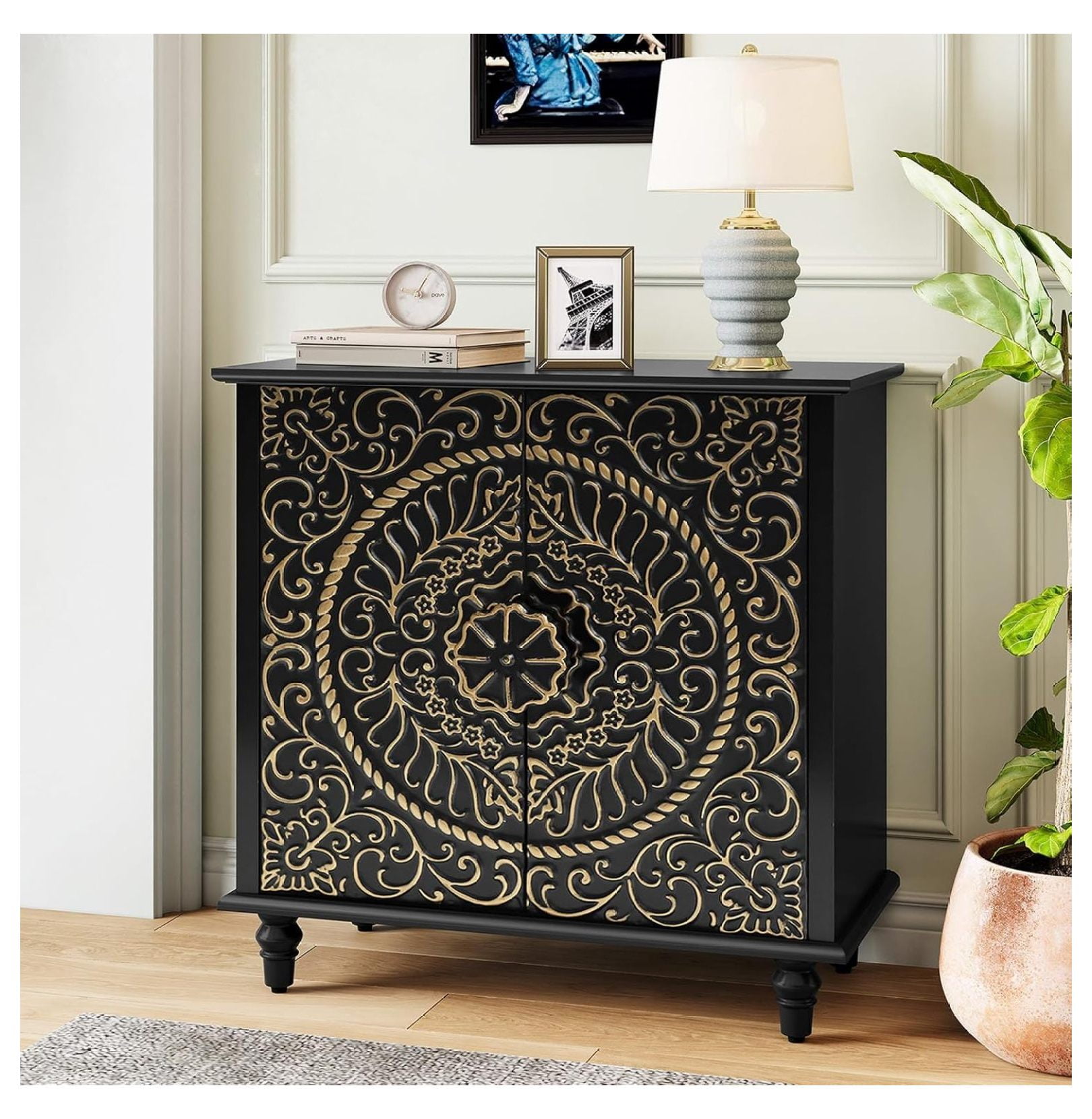 Accent Cabinet with 2 Doors, Decorative Storage Cabinet with Carved ...