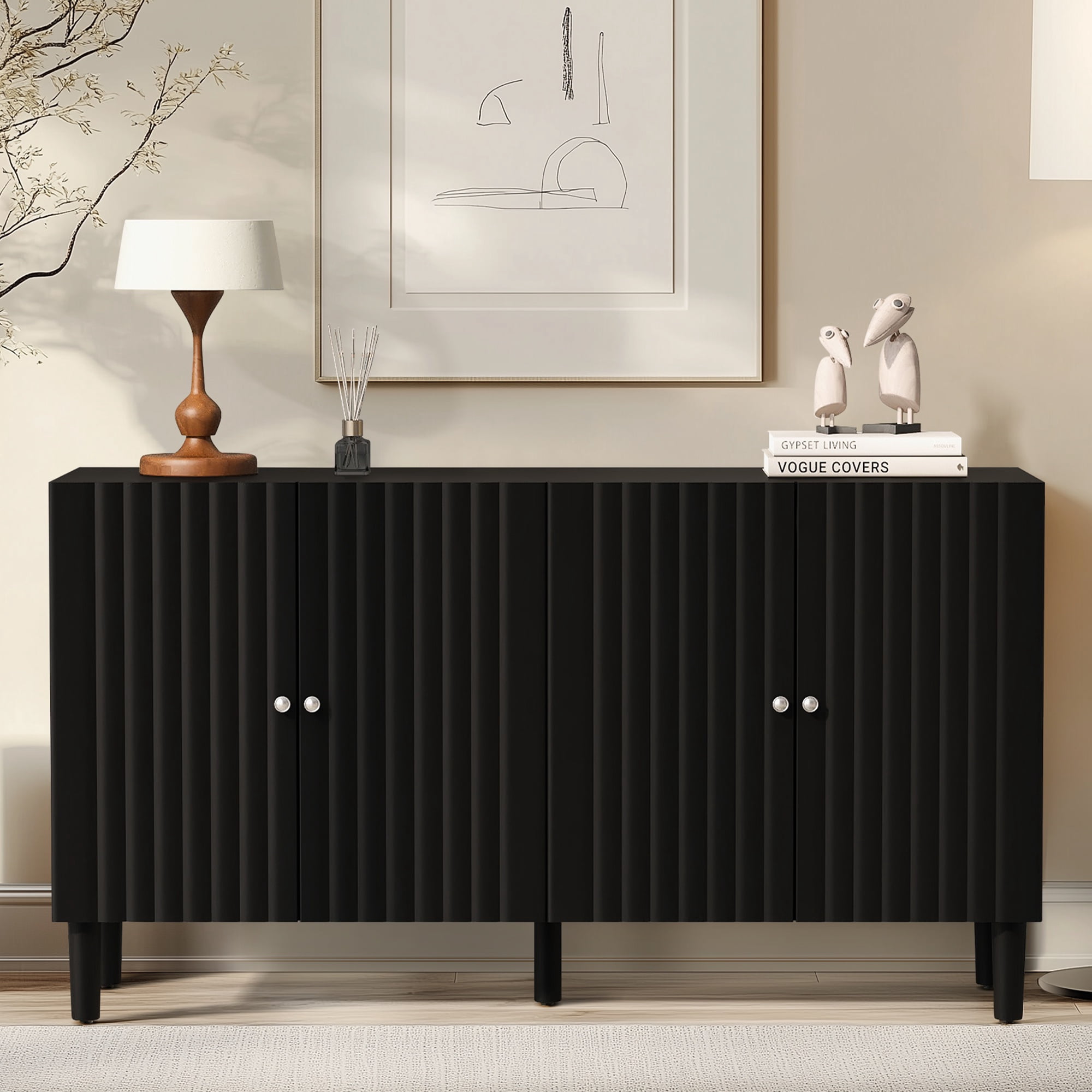 Accent Cabinet with 4 Wavy Doors, TUANLUO Storage Cabinet with ...