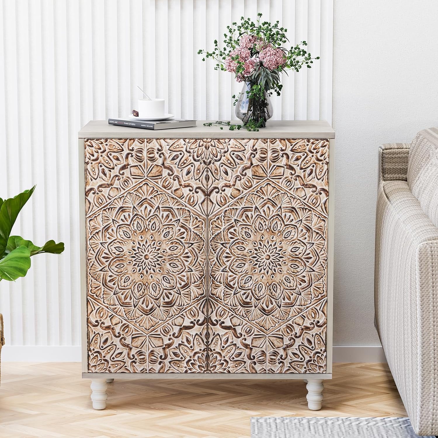 Accent Cabinet with Carved Doors Vintage Storage Cabinet with ...