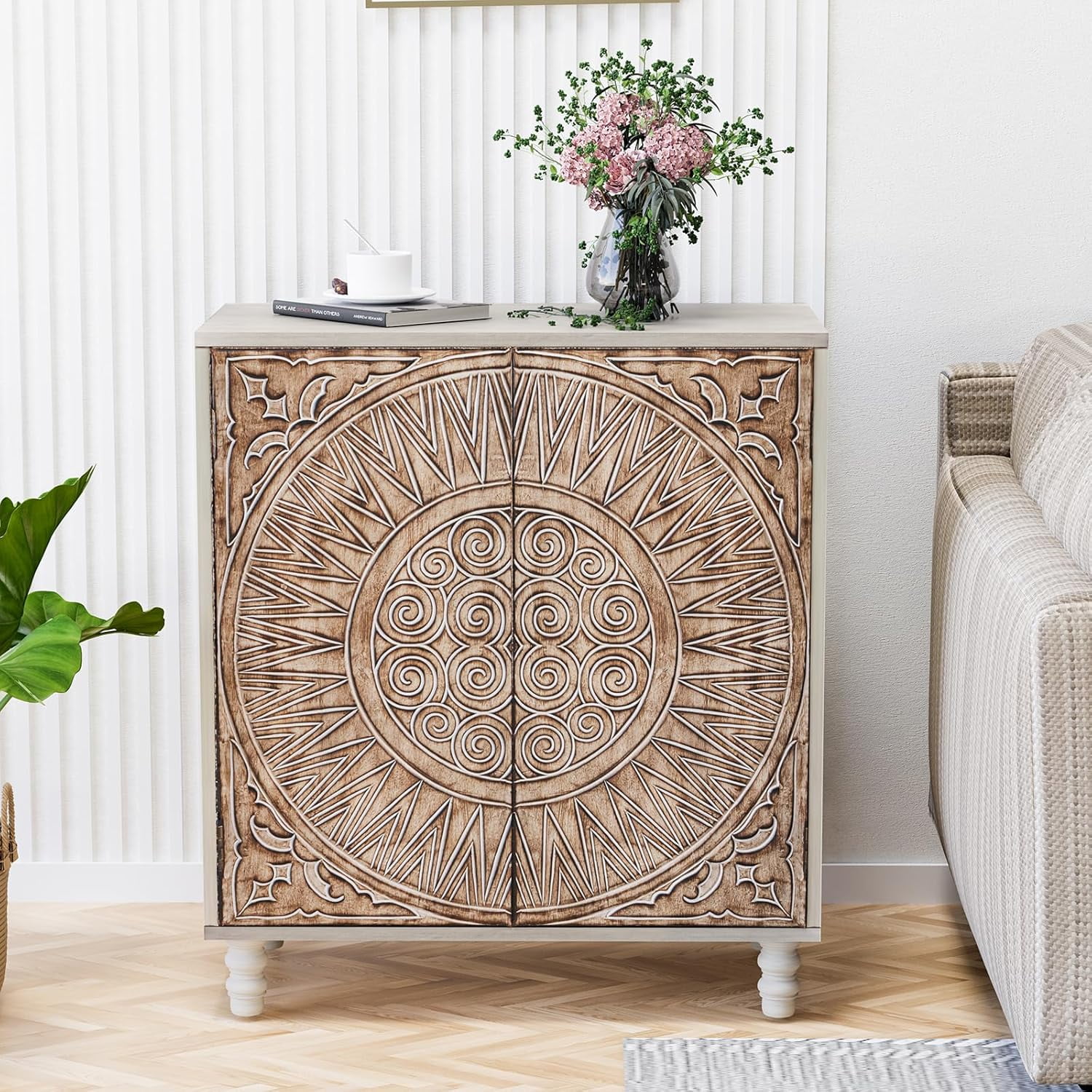 Accent Cabinet Distressed Storage Cabinet with 2 Carved Doors Mid ...