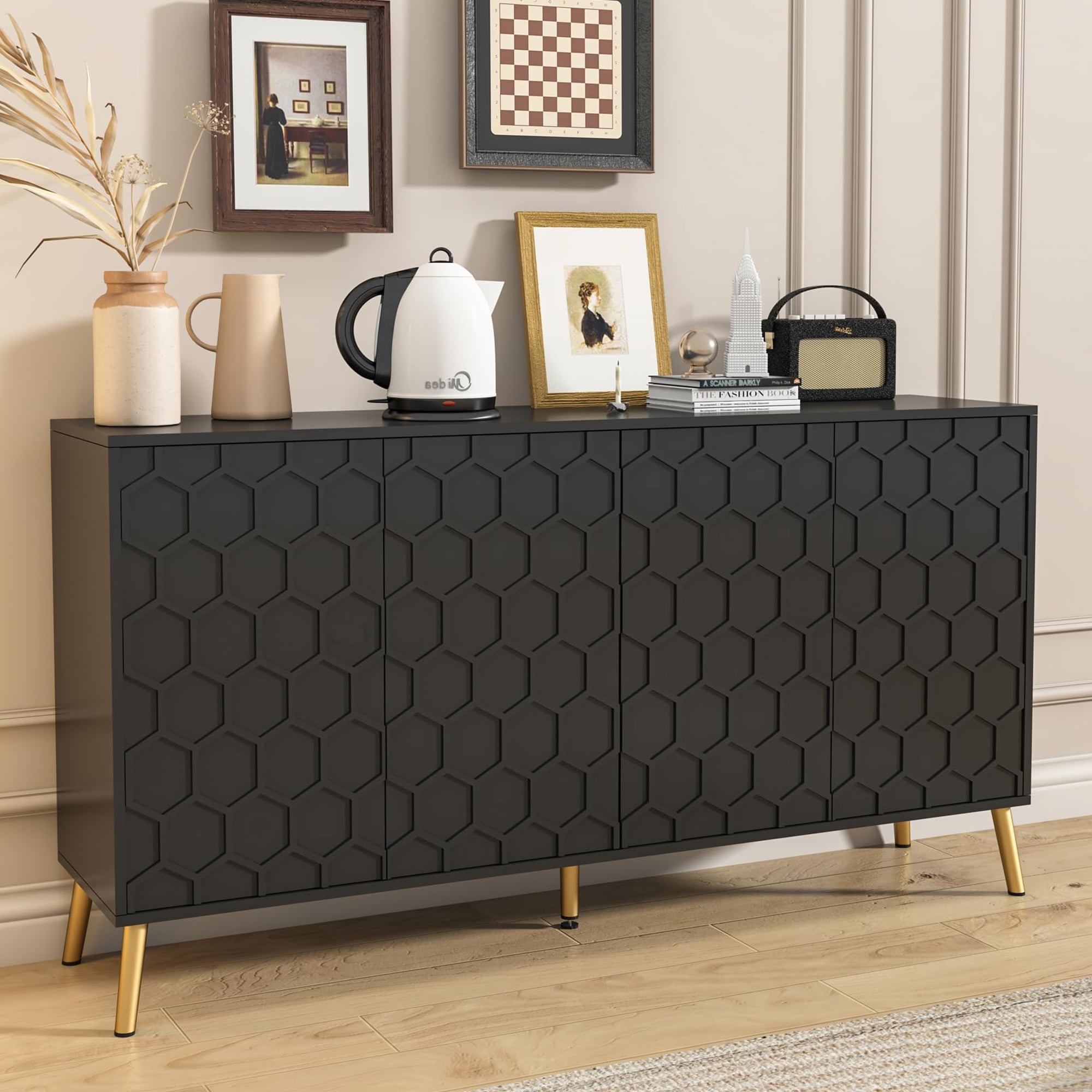 Accent Cabinet with Honeycomb Pattern 4 Door, Mid Century Modern ...