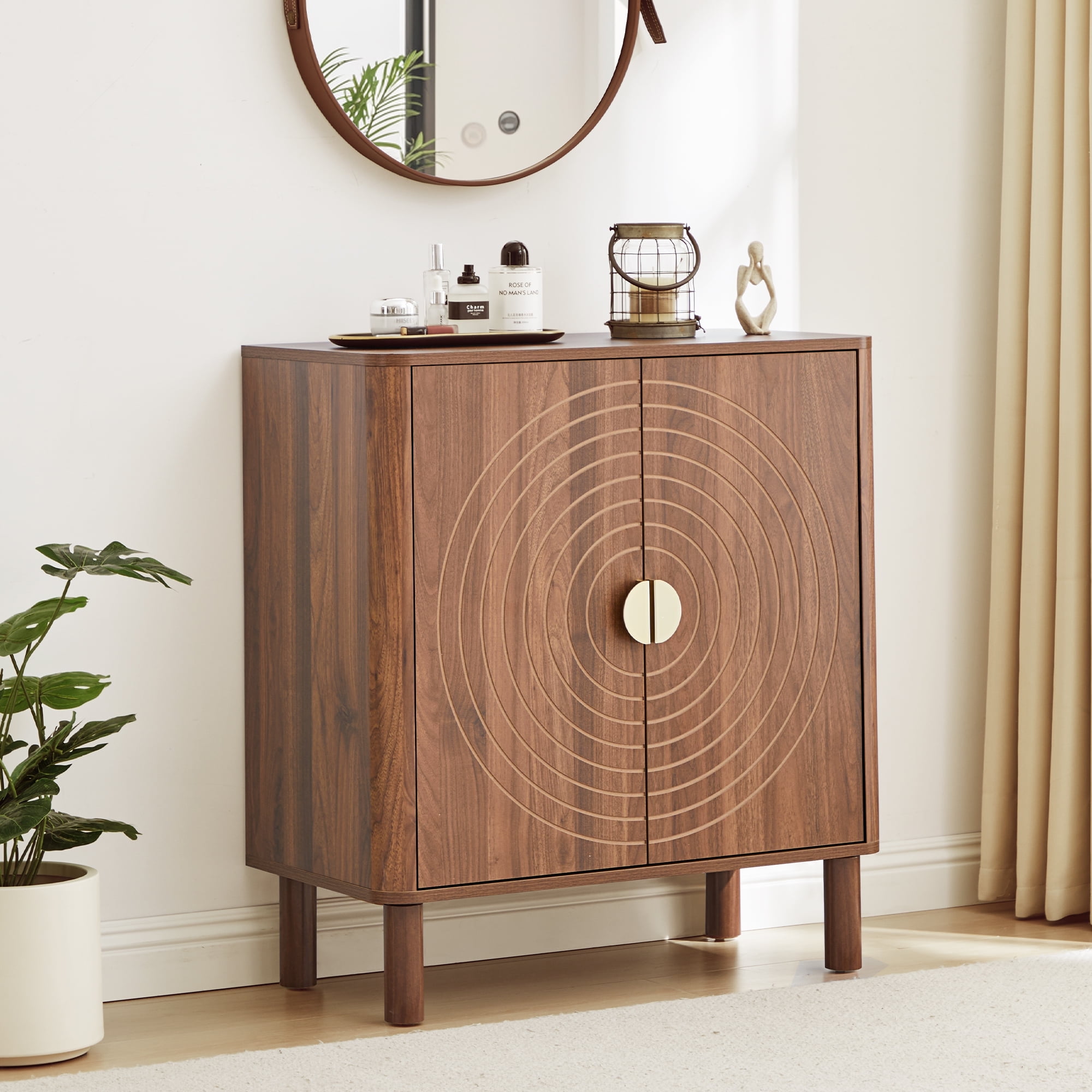 Accent Cabinet with Round Carved Line Door for Entryway Hallway, Walnut ...