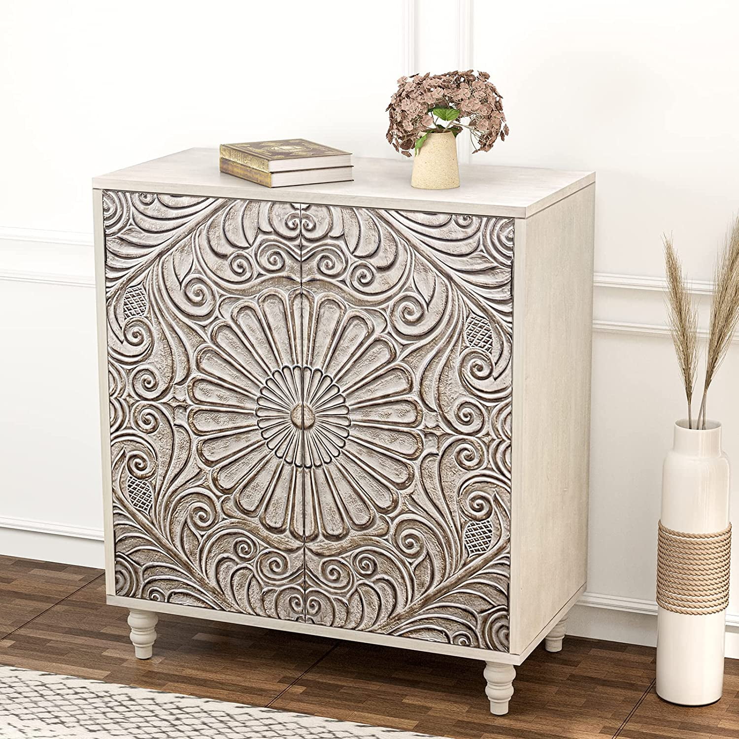 Accent Cabinet w Flower Pattern Doors & Shelf,Rustic Boho Decorative ...