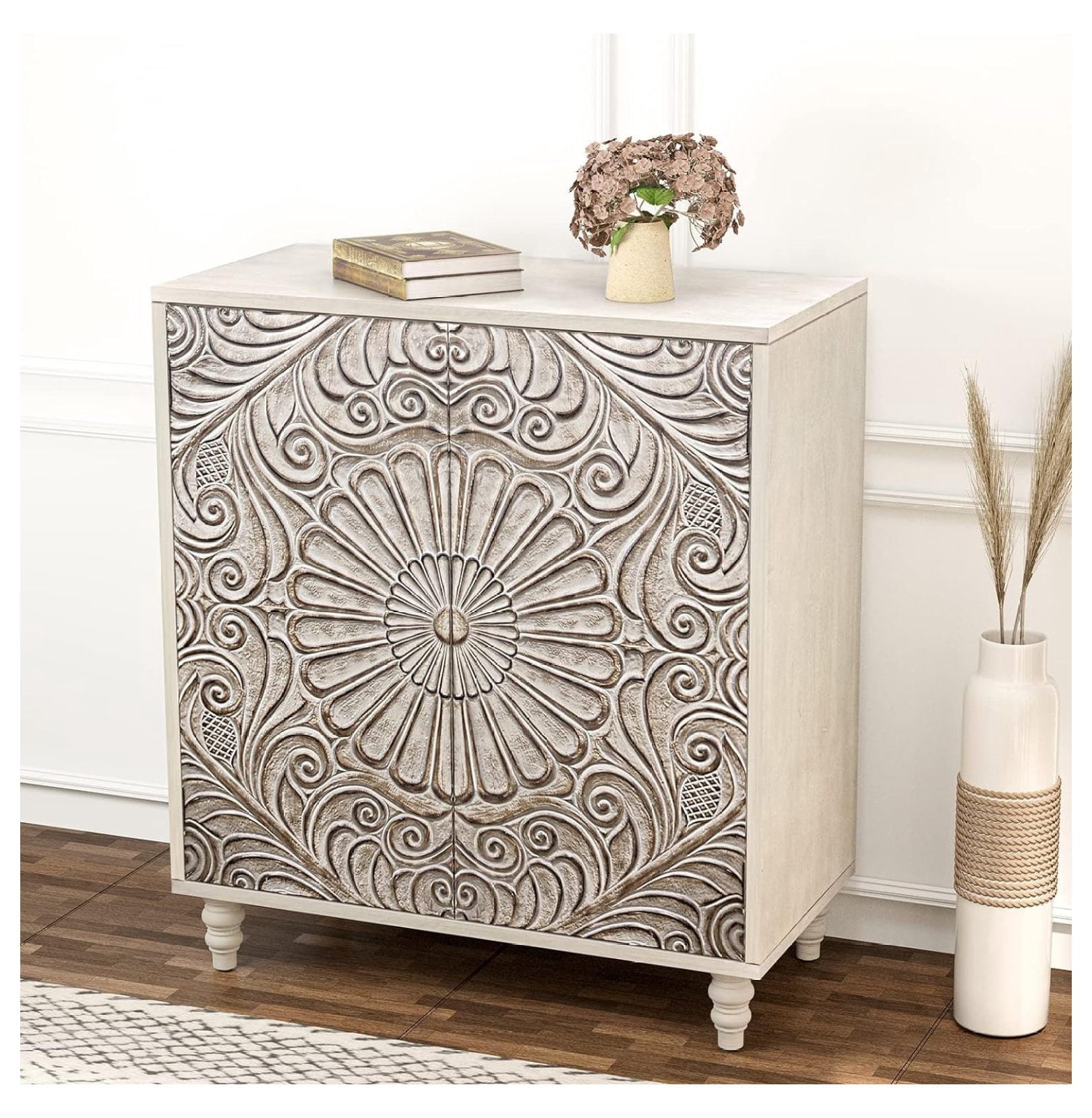 Accent Cabinet w Flower Pattern Doors & Shelf,Rustic Boho Decorative ...