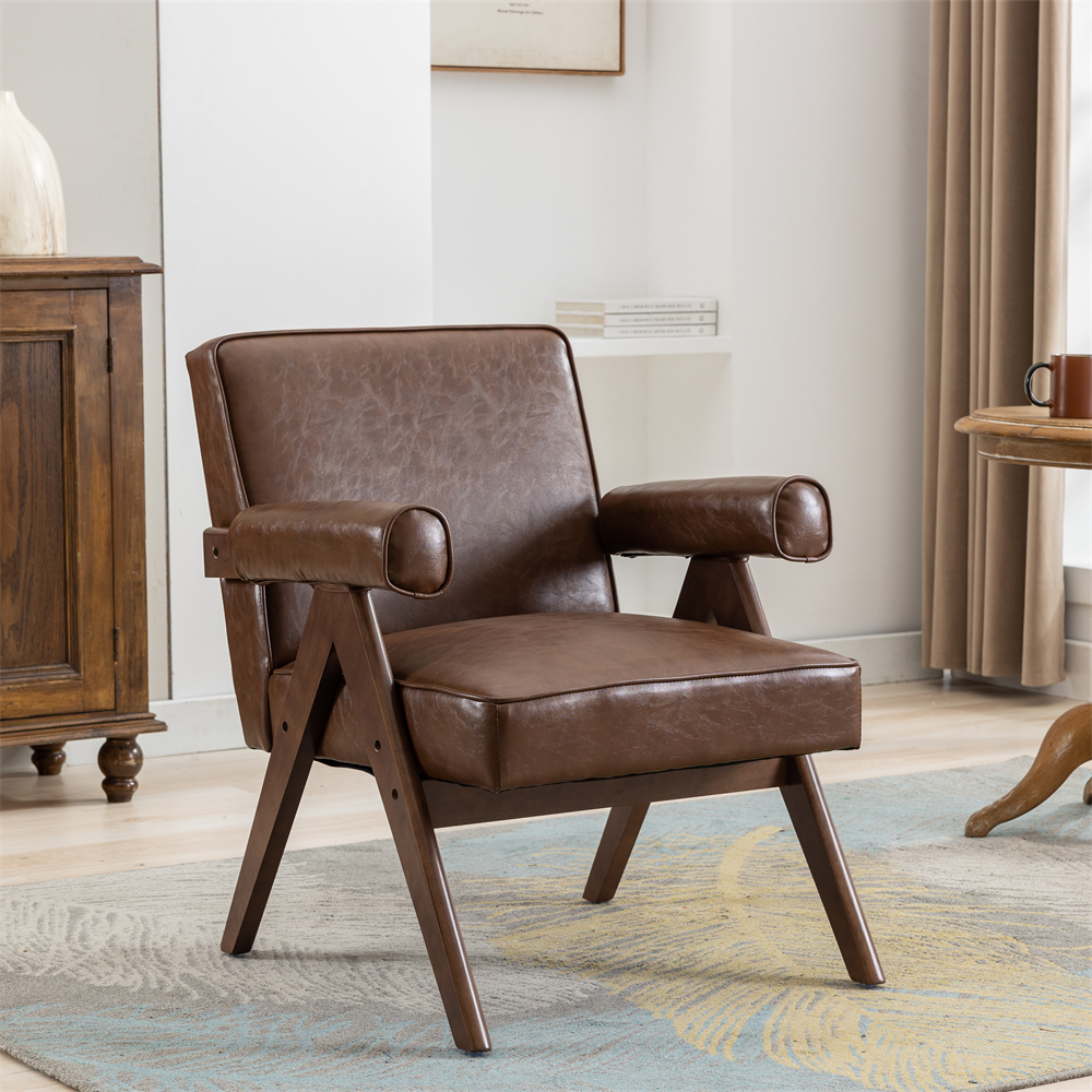 Accent Chair with Armrest, PU Leather Upholstered Single Sofa Chair ...