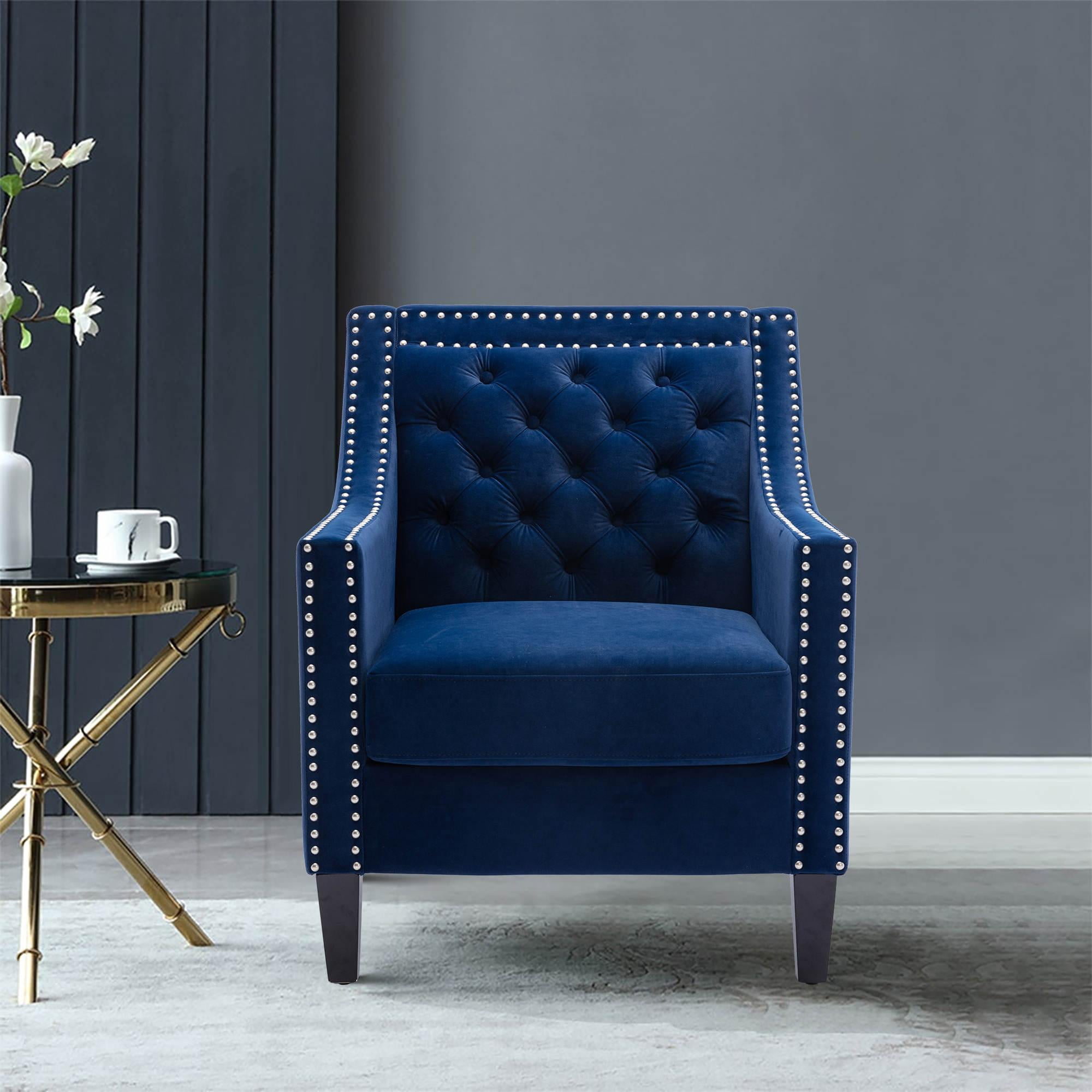 Navy Velvet Reading Chair, Mid Century Accent Armchair with Nailhead ...