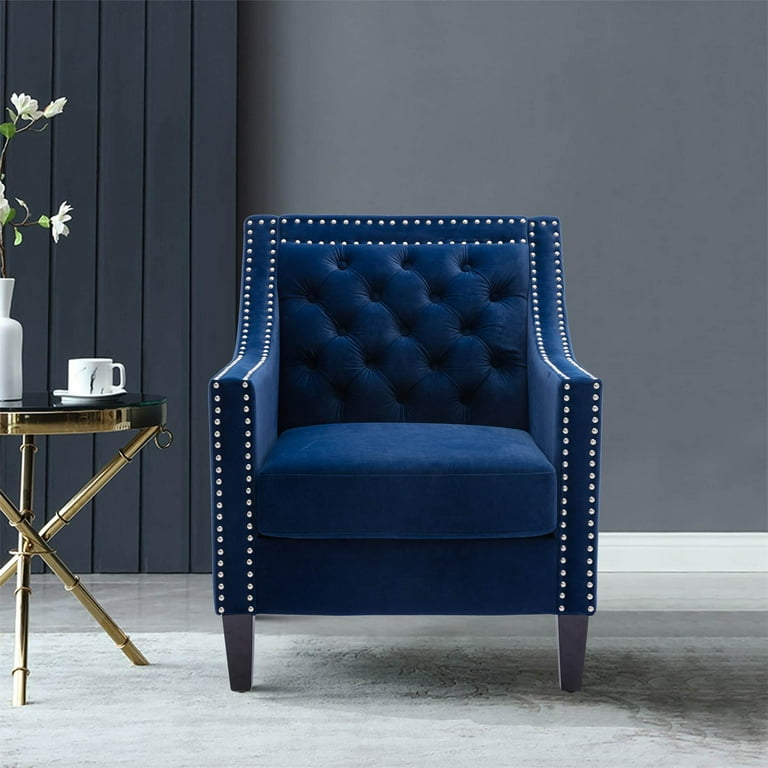 Accent Chair with Arms Mid Century Modern Decorative Side Chair Upholstered Reading Chair with Wood Legs Nailhead Studded Wingback Velvet Fabric