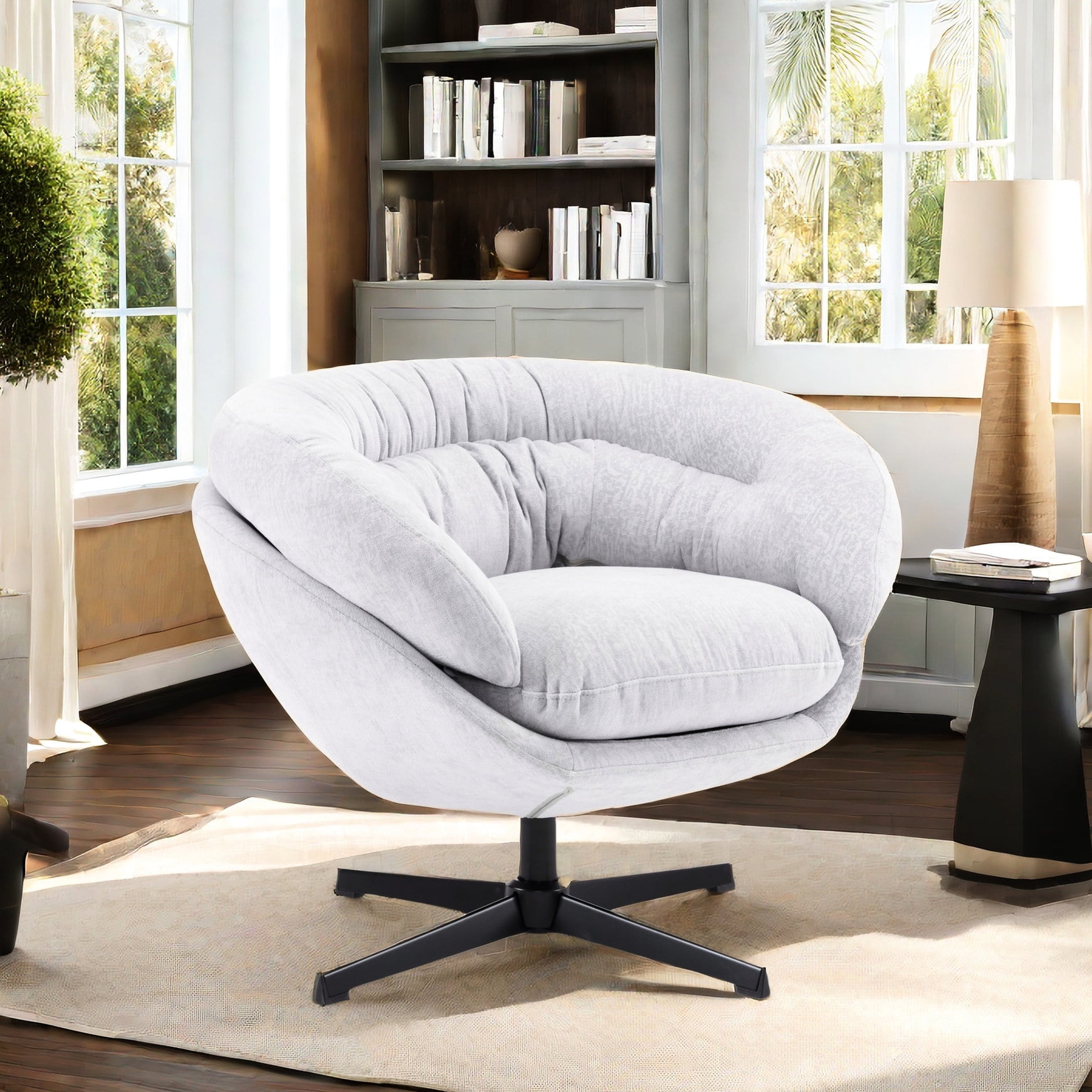 Accent Chair / Beige Chenille Upholstered, Web Suspension, 360° Rotate ...