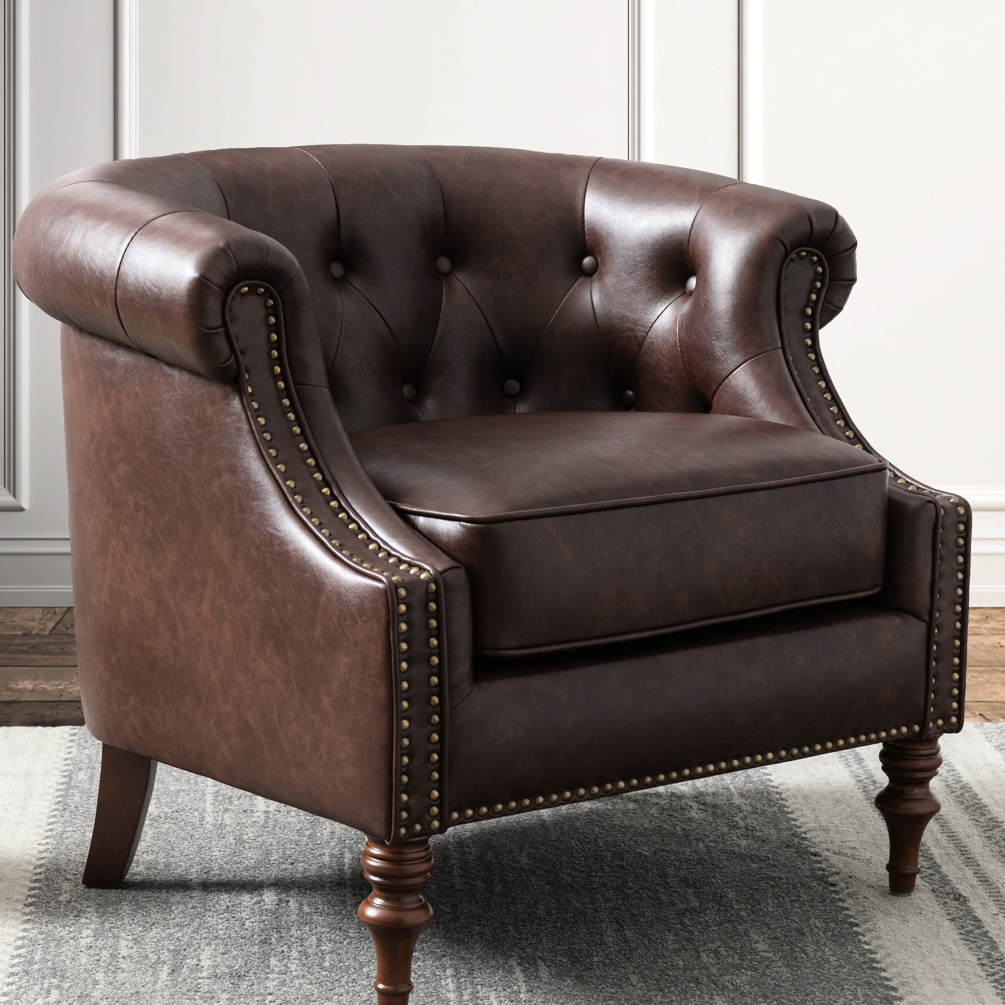 Accent Chair, Brown Faux Leather, English Roll Arm, Foam-filled Seat ...