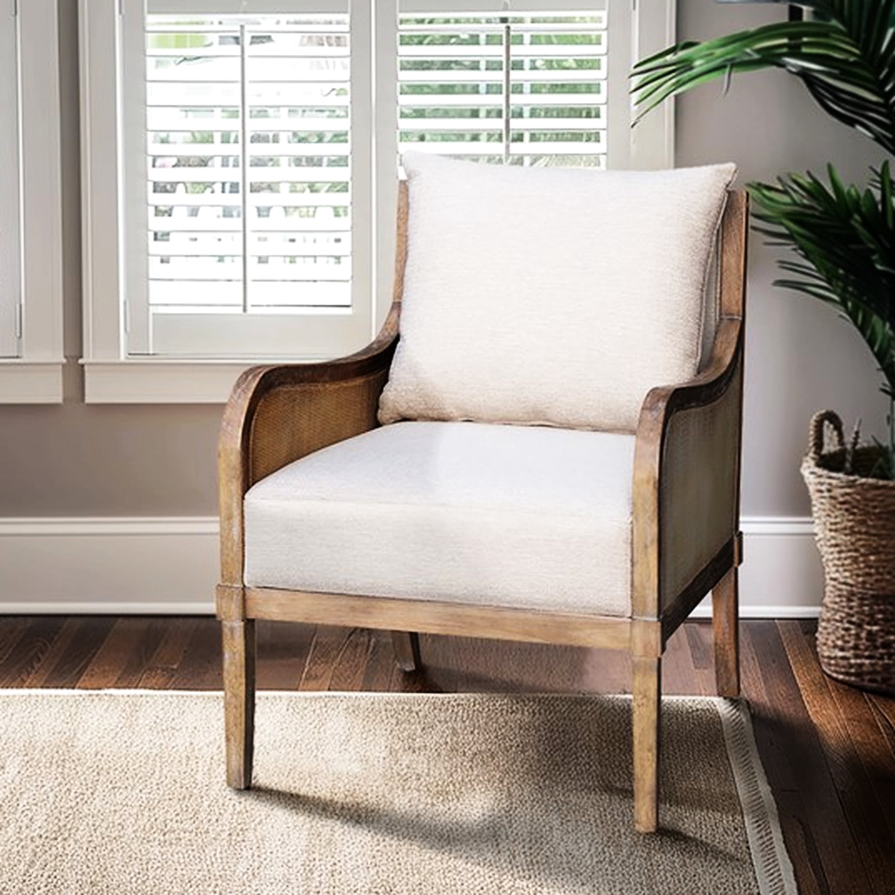 Accent Chair With Cane Ornaments, Solid Wood Frame, Upholstered Seat ...