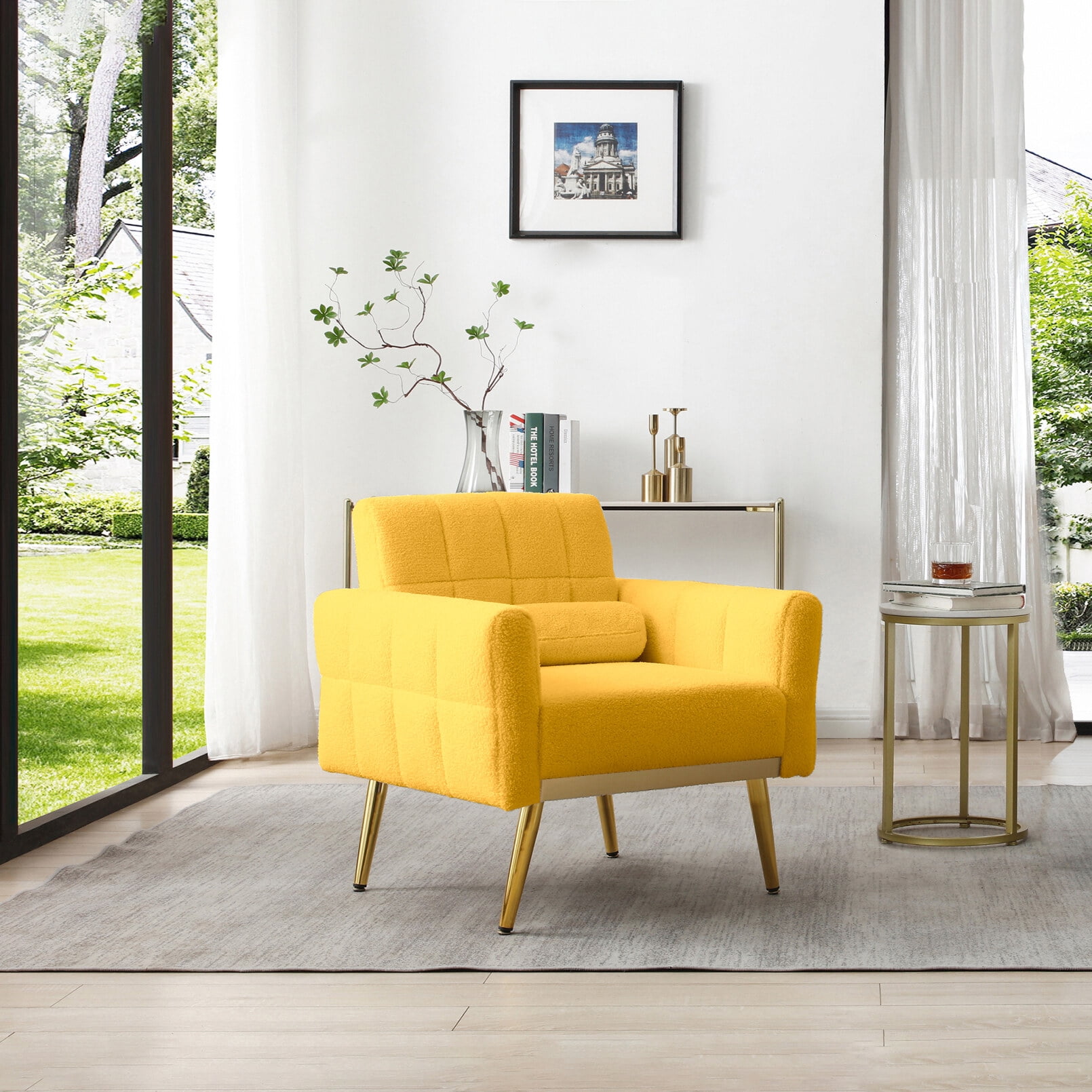 Accent Chair with Gold Legs, Teddy Fabric Armchair with Biscuit Tufted ...