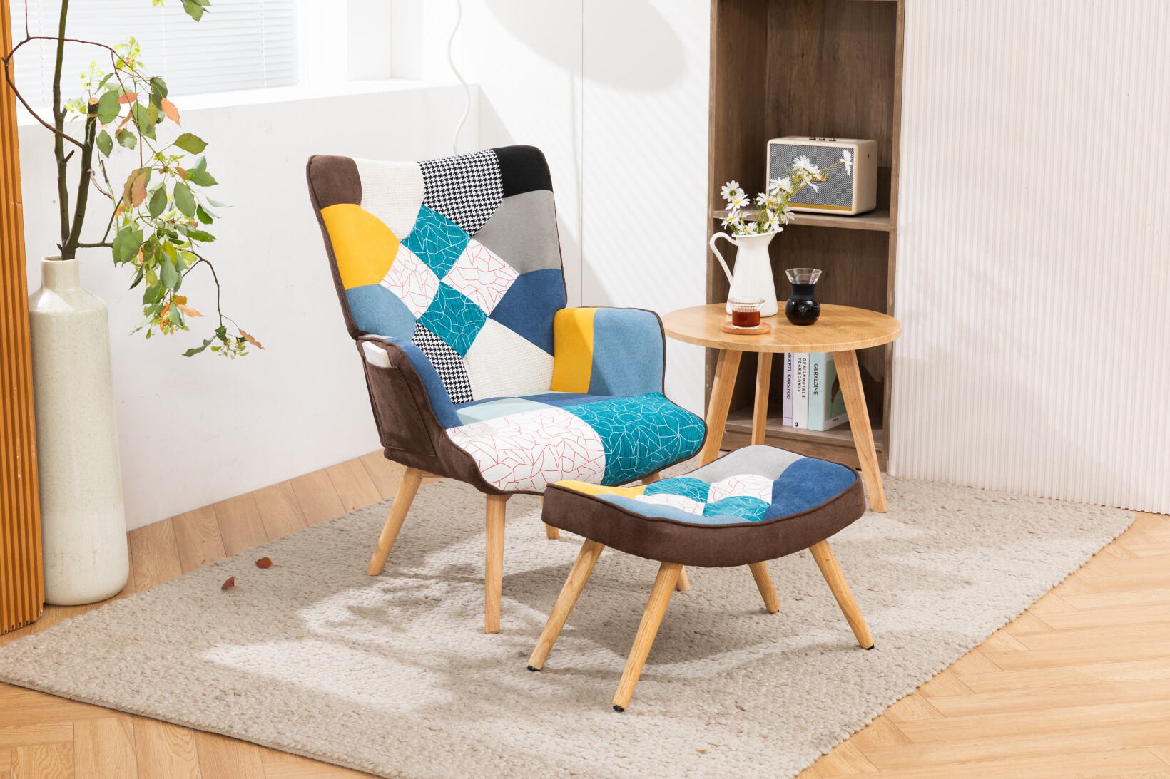 Accent Chair with High Wing Backrest, Linen Armchair with Solid Wood ...