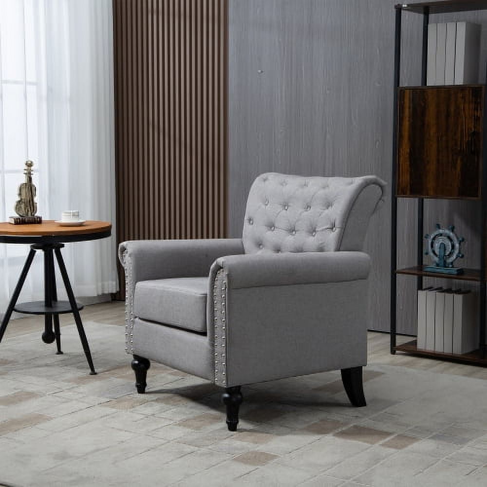 Accent Chair,Mid-Century Linen Armchair with Tufted Back and Wood Legs,Modern Upholstered Lounge ...