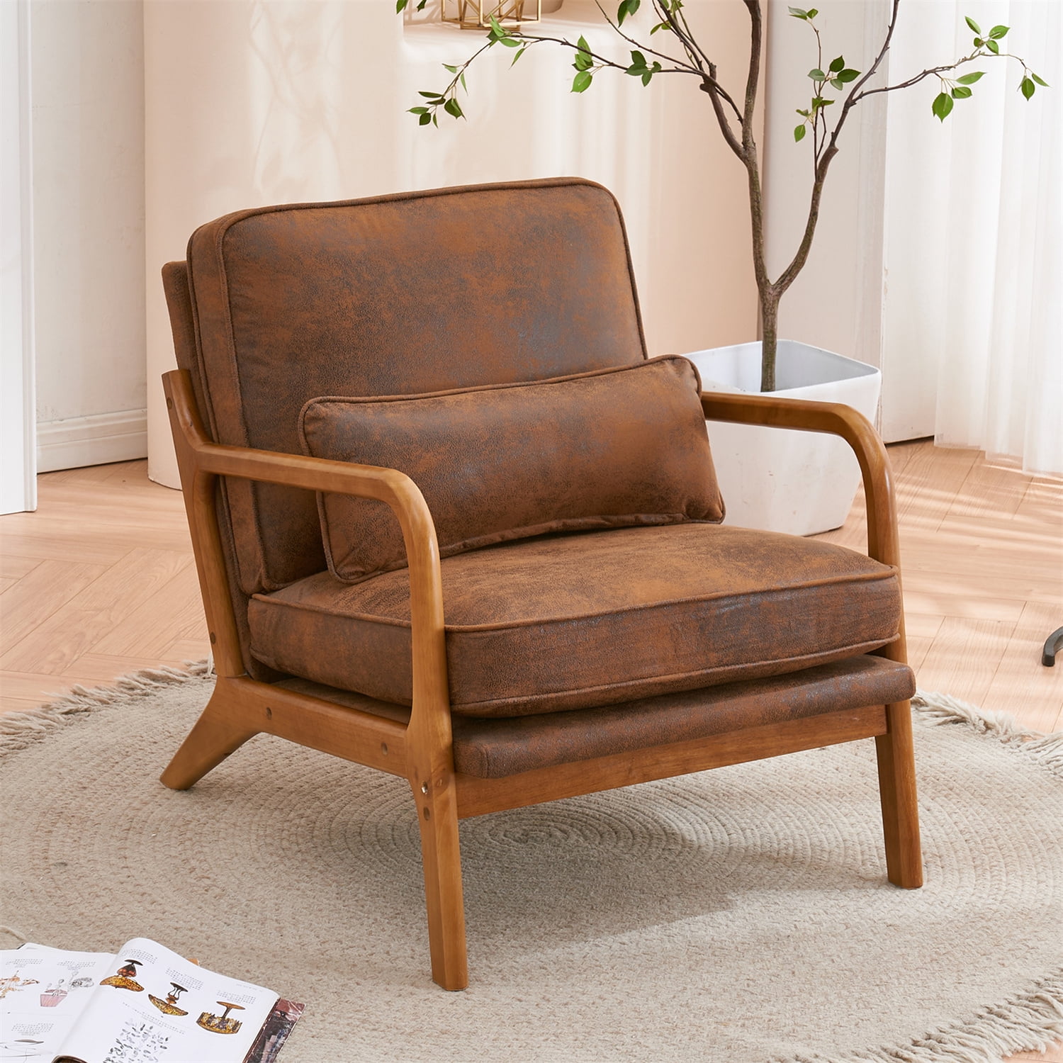 Accent Chair, Mid-Century Linen Fabric Upholstered Armchair with Pillow ...