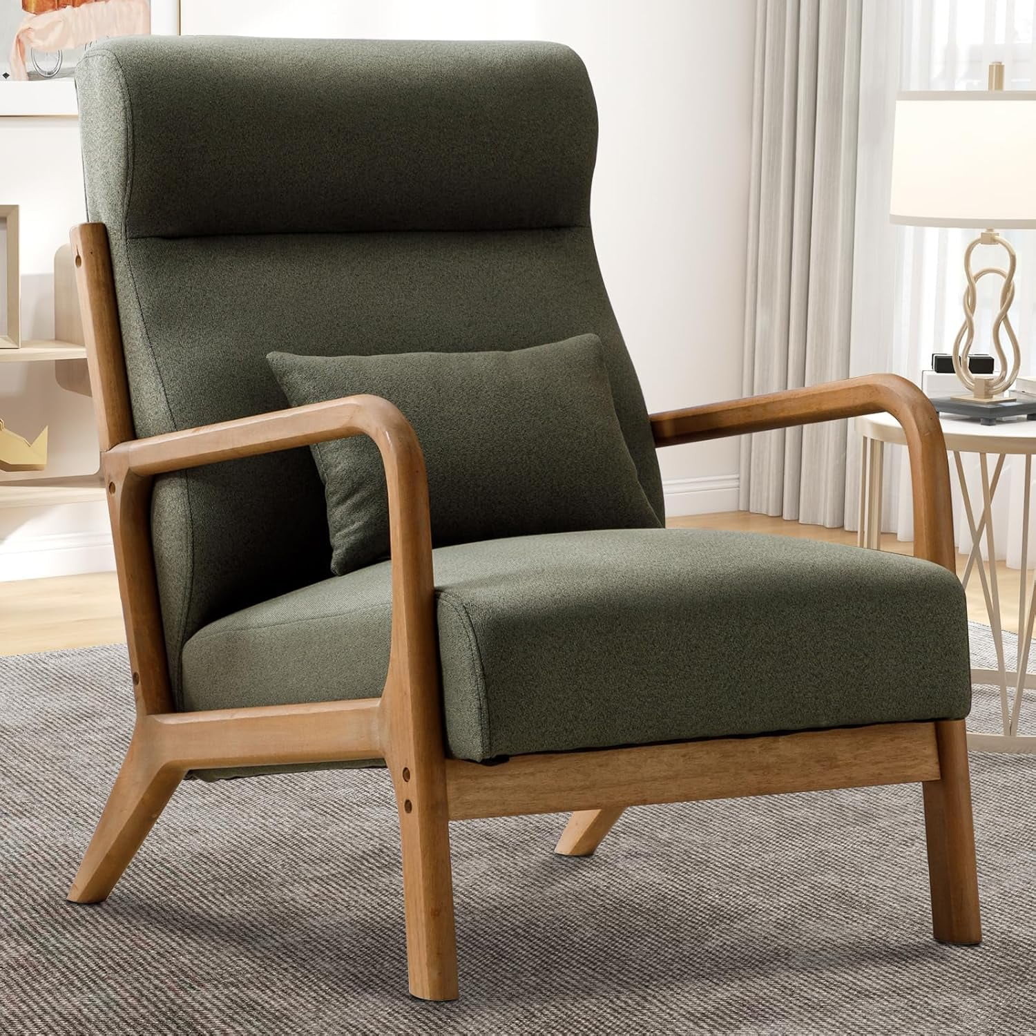 Accent Chair Mid Century Modern Chair Linen Fabric Living Room Chairs with Solid Wood Frame ...
