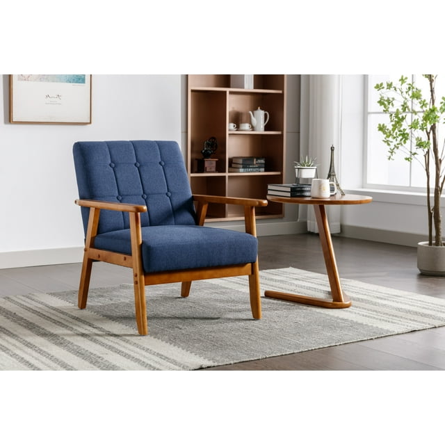 Accent Chair Mid-Century Modern Linen Armchair with Solid Wood Armrest and Feet Comfy Leisure ...