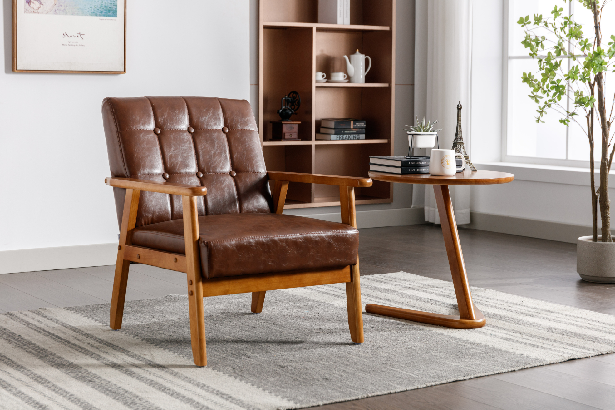 Accent Chair Mid-Century Modern PU Armchair with Solid Wood Armrest and ...