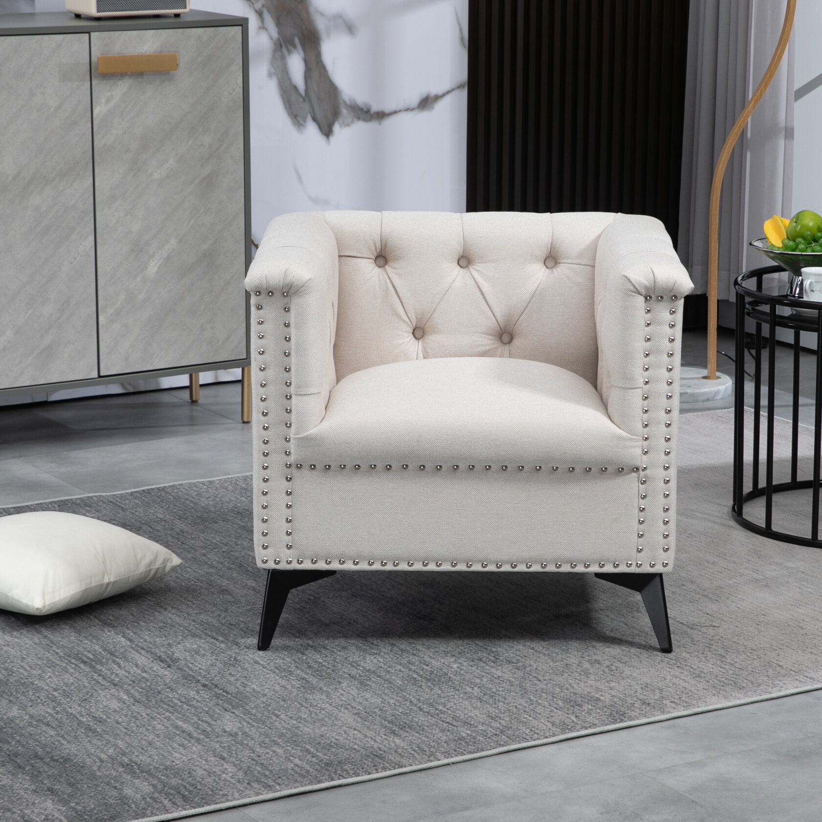Accent Chair with Nail Head Design, Modern Linen Armchair with Button ...
