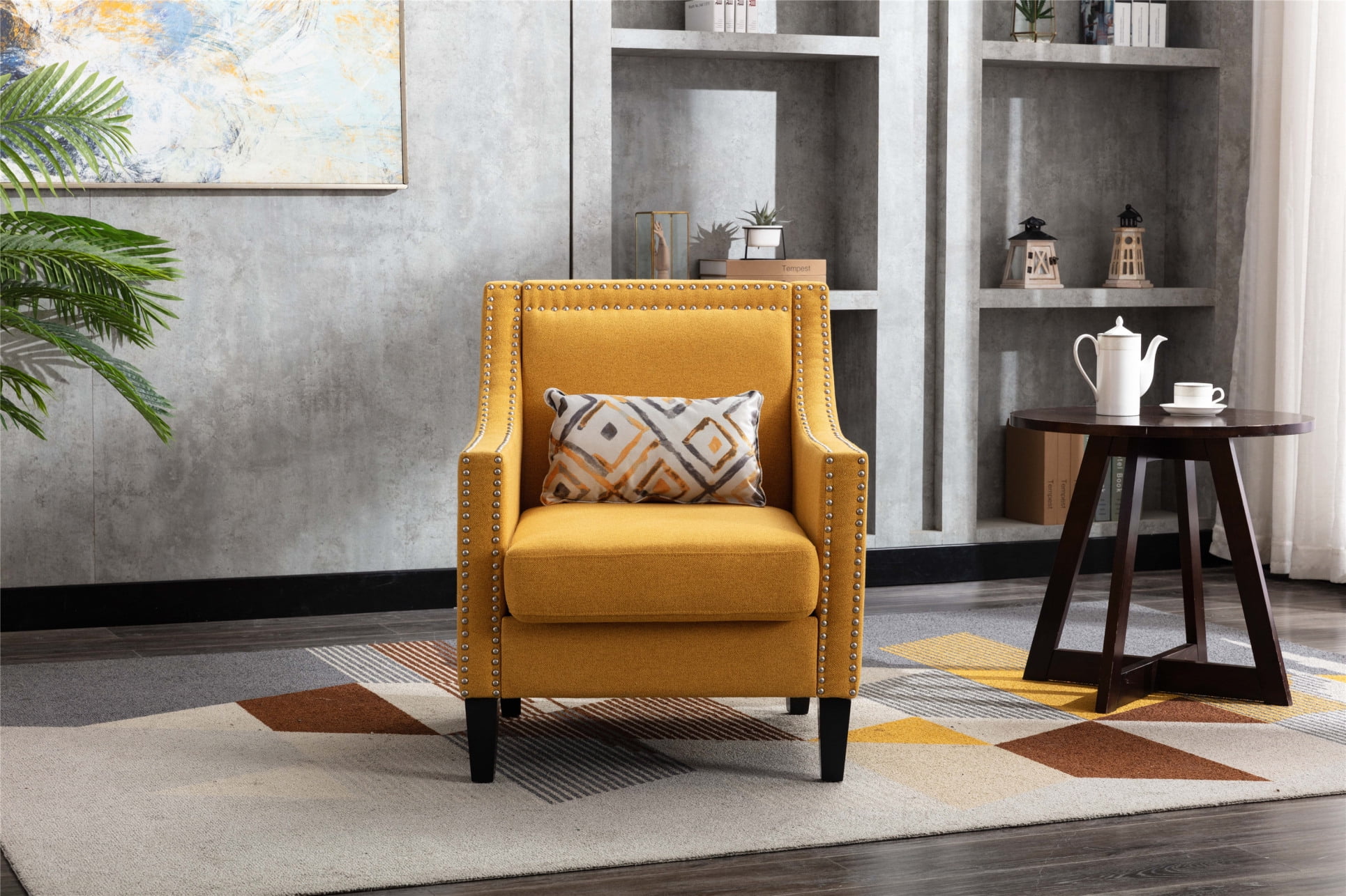 Accent Chair with Nail Head Design, Modern Linen Armchair with Curved ...