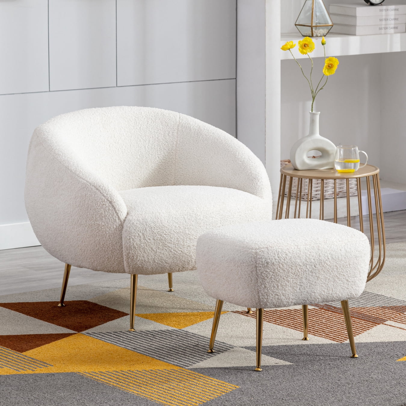 Accent Chair with Ottoman, Comfy Teddy Fleece Reading Chair with ...