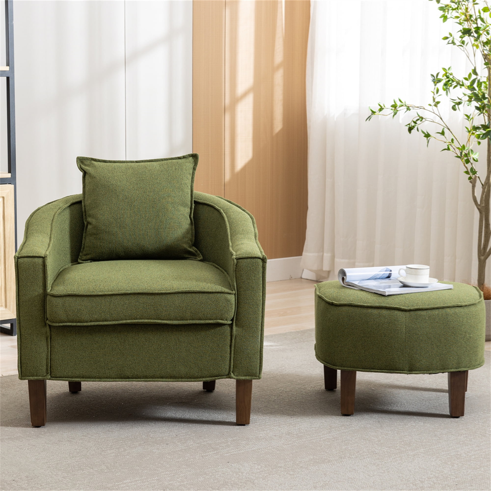 2 Piece Accent Chair with Ottoman Mid Century Modern Barrel Chair Upholstered Club Tub Round Arms Chair Olive Green