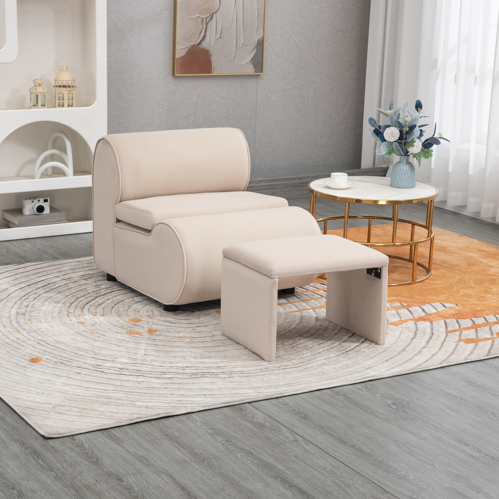 Accent Chair with Ottoman Set, Comfy Velvet Upholstered Single Sofa ...