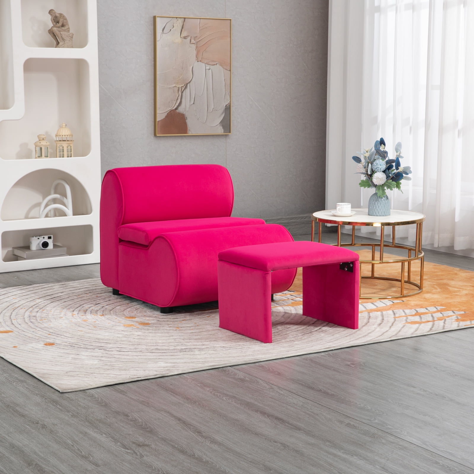 Accent Chair with Ottoman Set, Comfy Velvet Upholstered Single Sofa ...