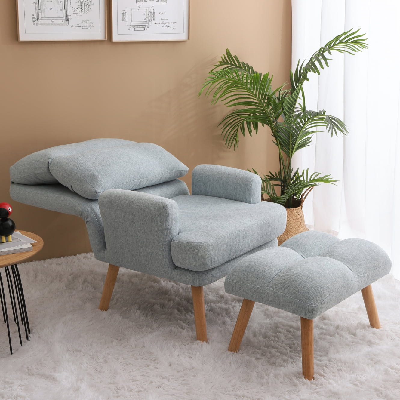 Accent Chair with Ottoman Set,Fabric Armchair with Wood Legs and ...
