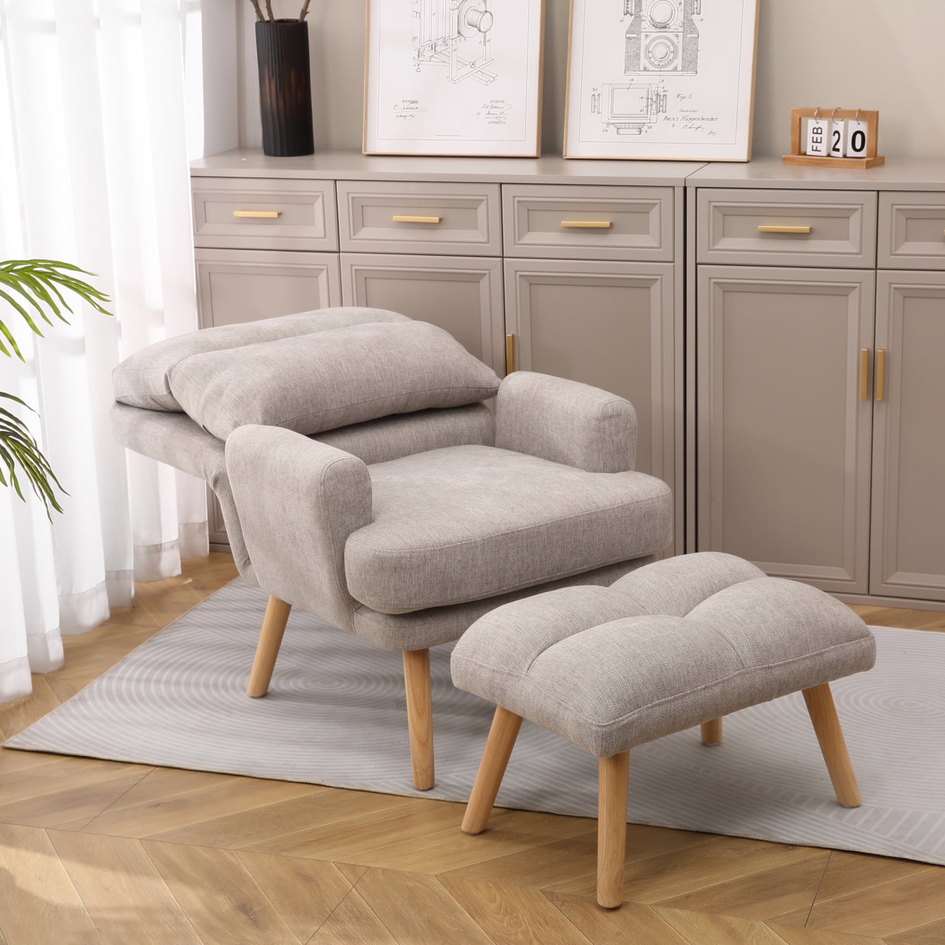 Accent Chair with Ottoman Set,Fabric Armchair with Wood Legs and ...