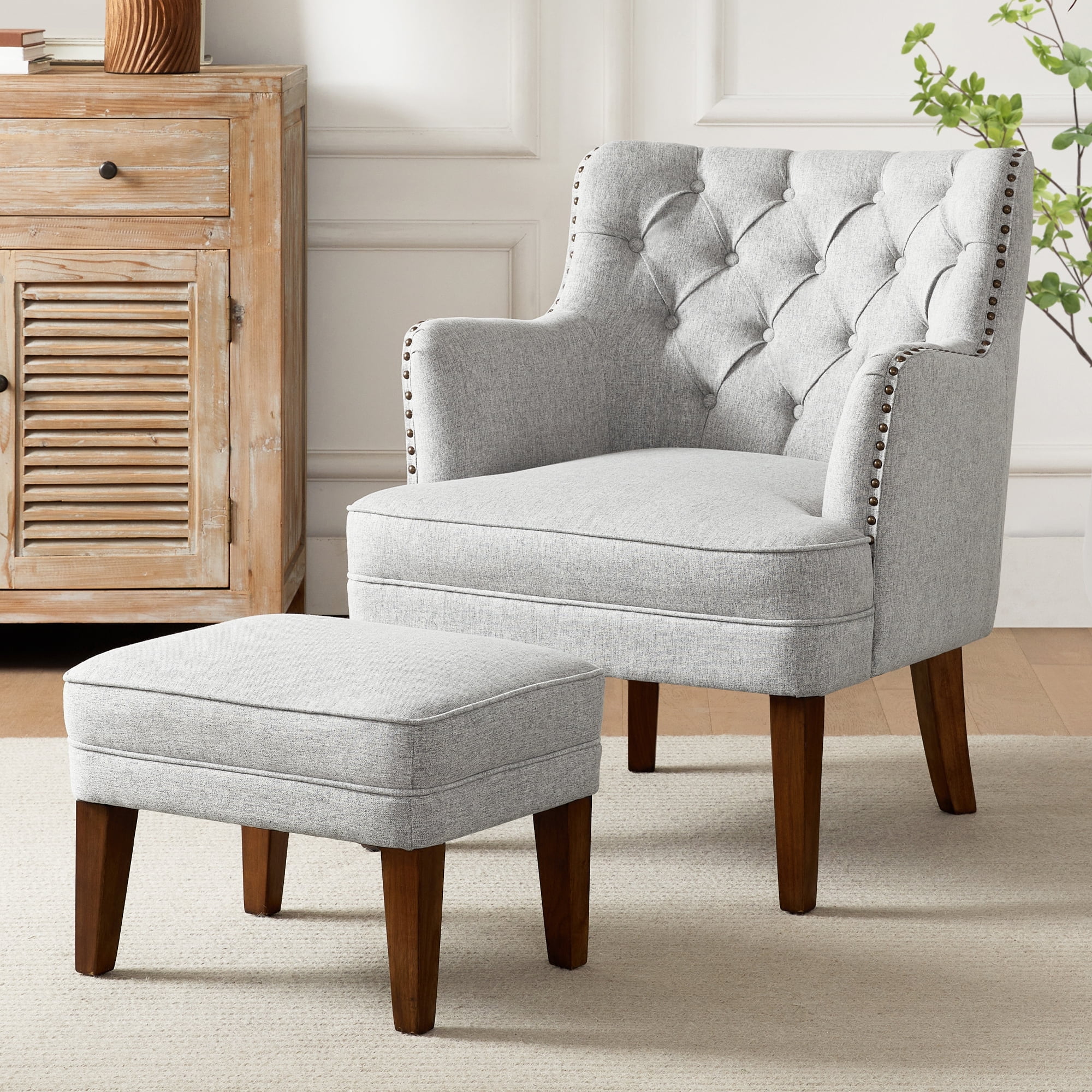 Accent Chair with Ottoman Set, Upholstered Button Tufted Armchair ...