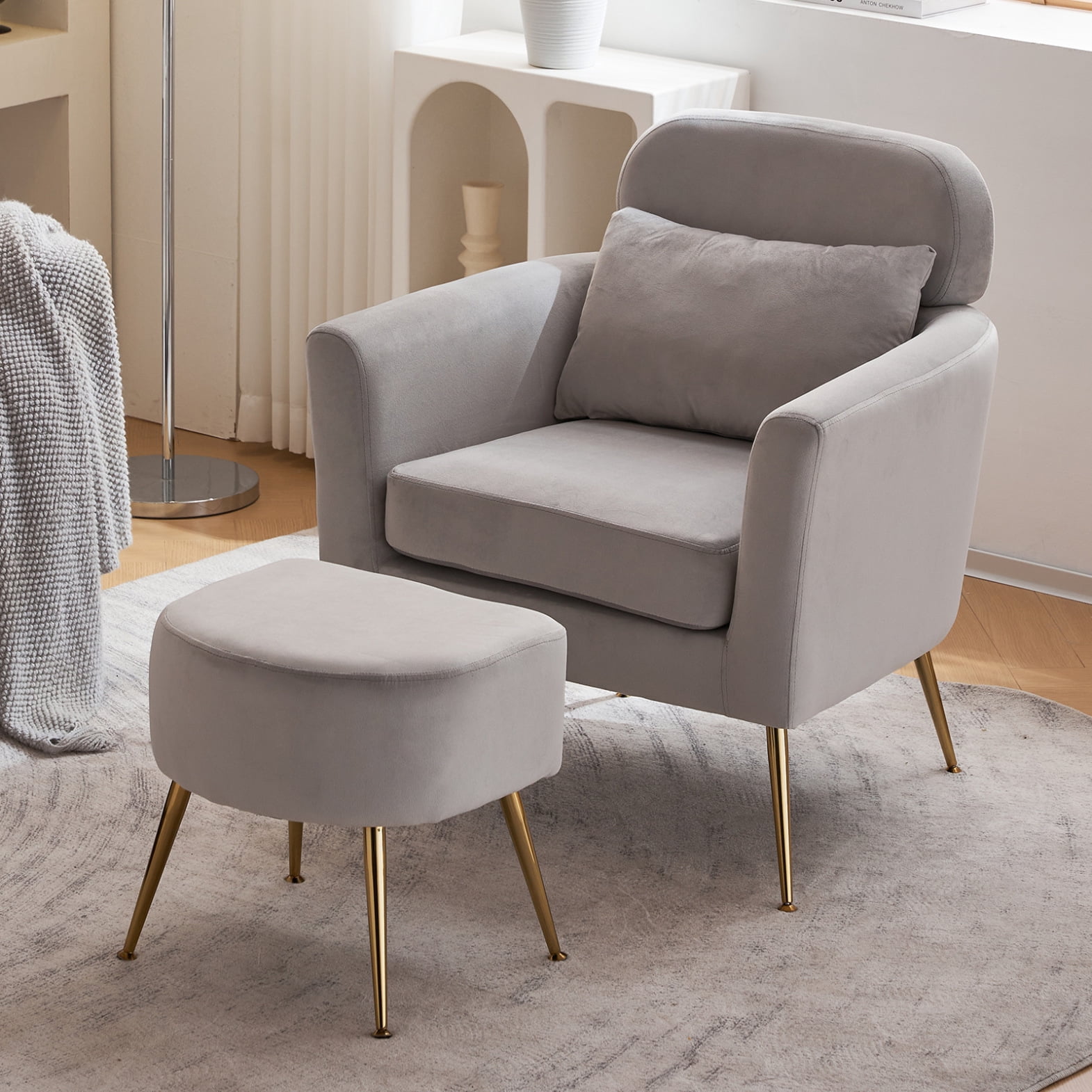 Accent Chair and Ottoman Set, Upholstered Flannelette Armchair for ...