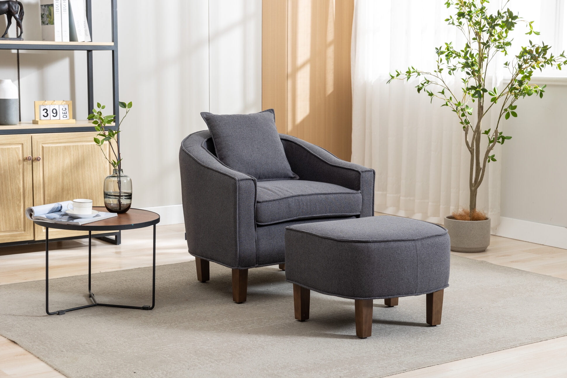 Accent Chair with Ottoman, Upholstered Barrel Chair Round Arm Chair ...