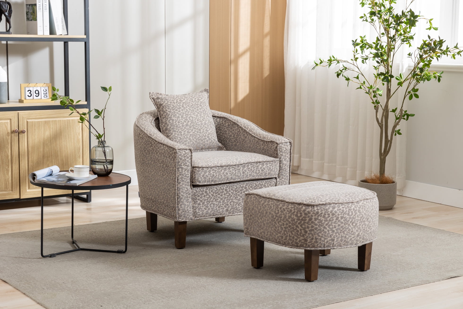 Accent Chair with Ottoman, Upholstered Barrel Chair Round Arm Chair ...
