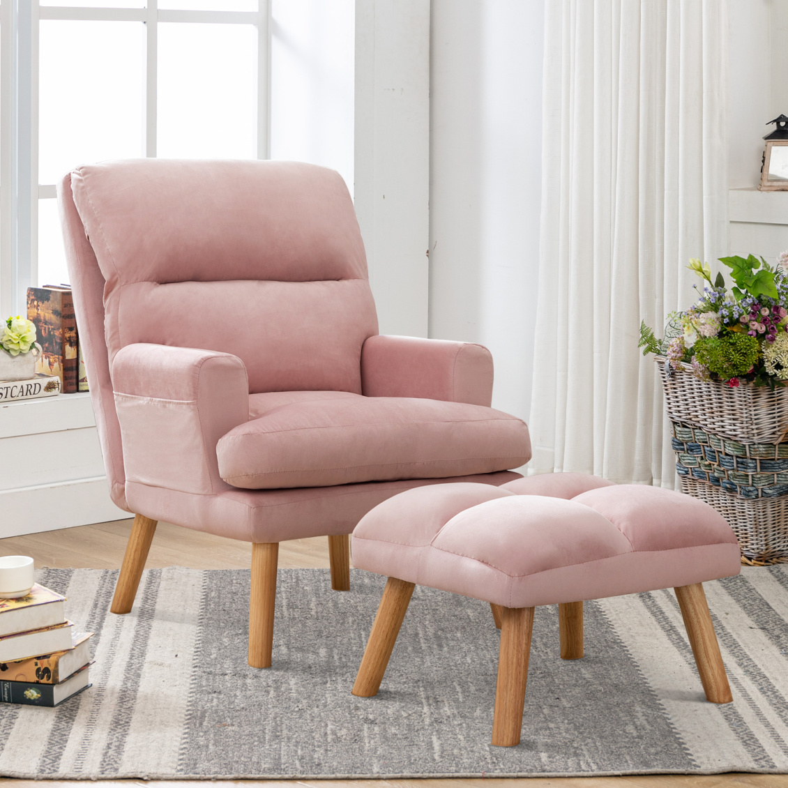 Accent Chair with Ottoman, Upholstered Velvet Fabric Sofa Chair with ...