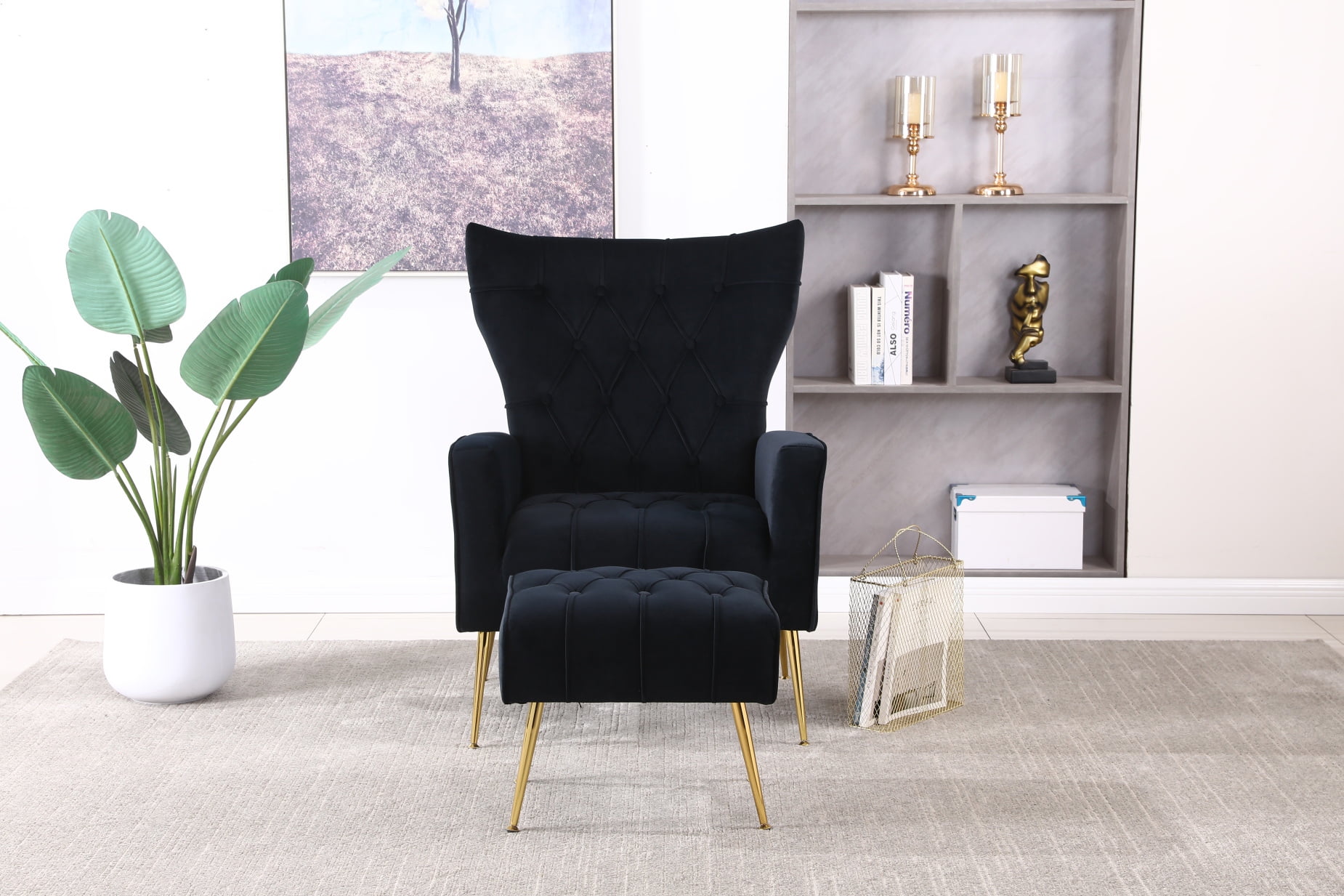 Accent Chair with Ottoman, Velvet Accent Chair with 23.2"H Button ...