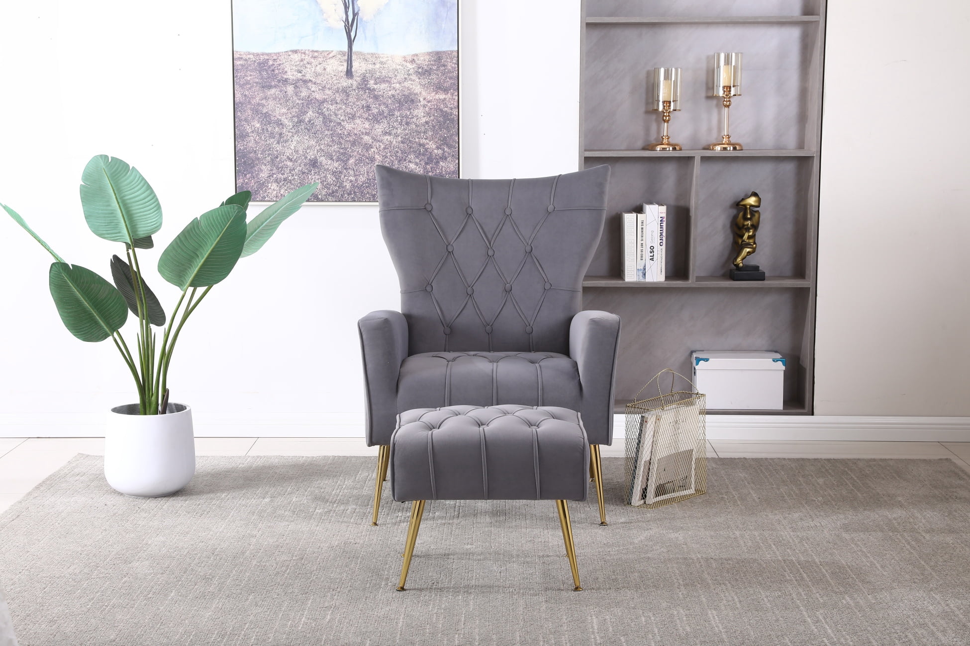 Accent Chair with Ottoman, Velvet Accent Chair with 23.2"H Button ...