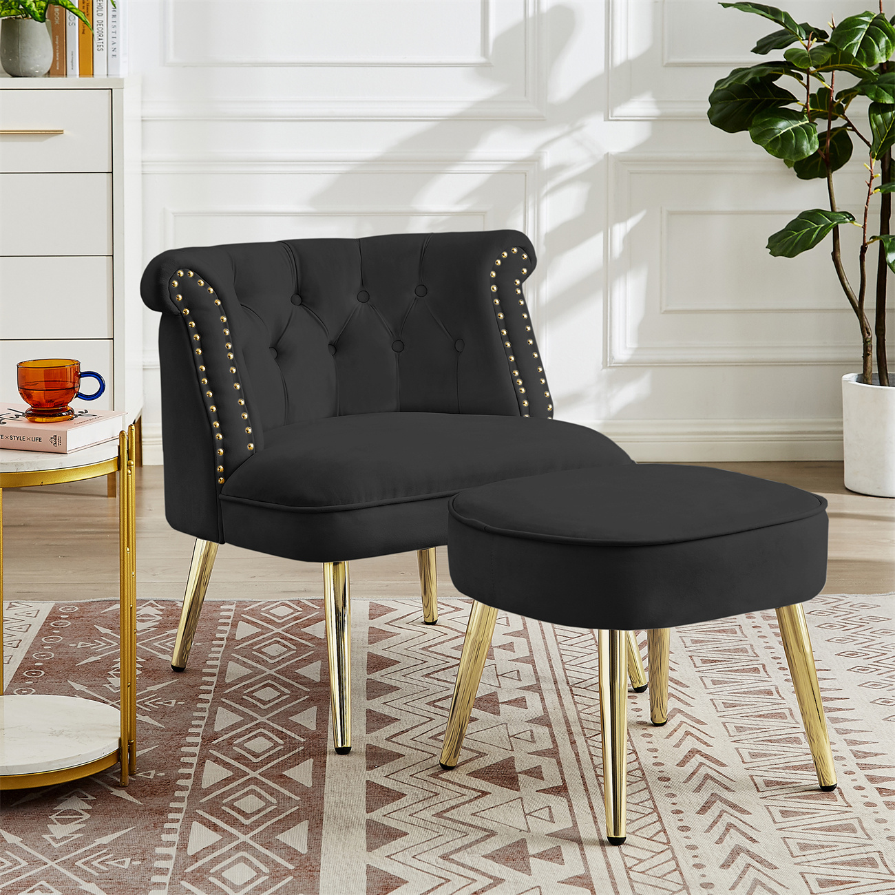 Accent Chair with Ottoman, Velvet Armchair with Button Tufted Back ...