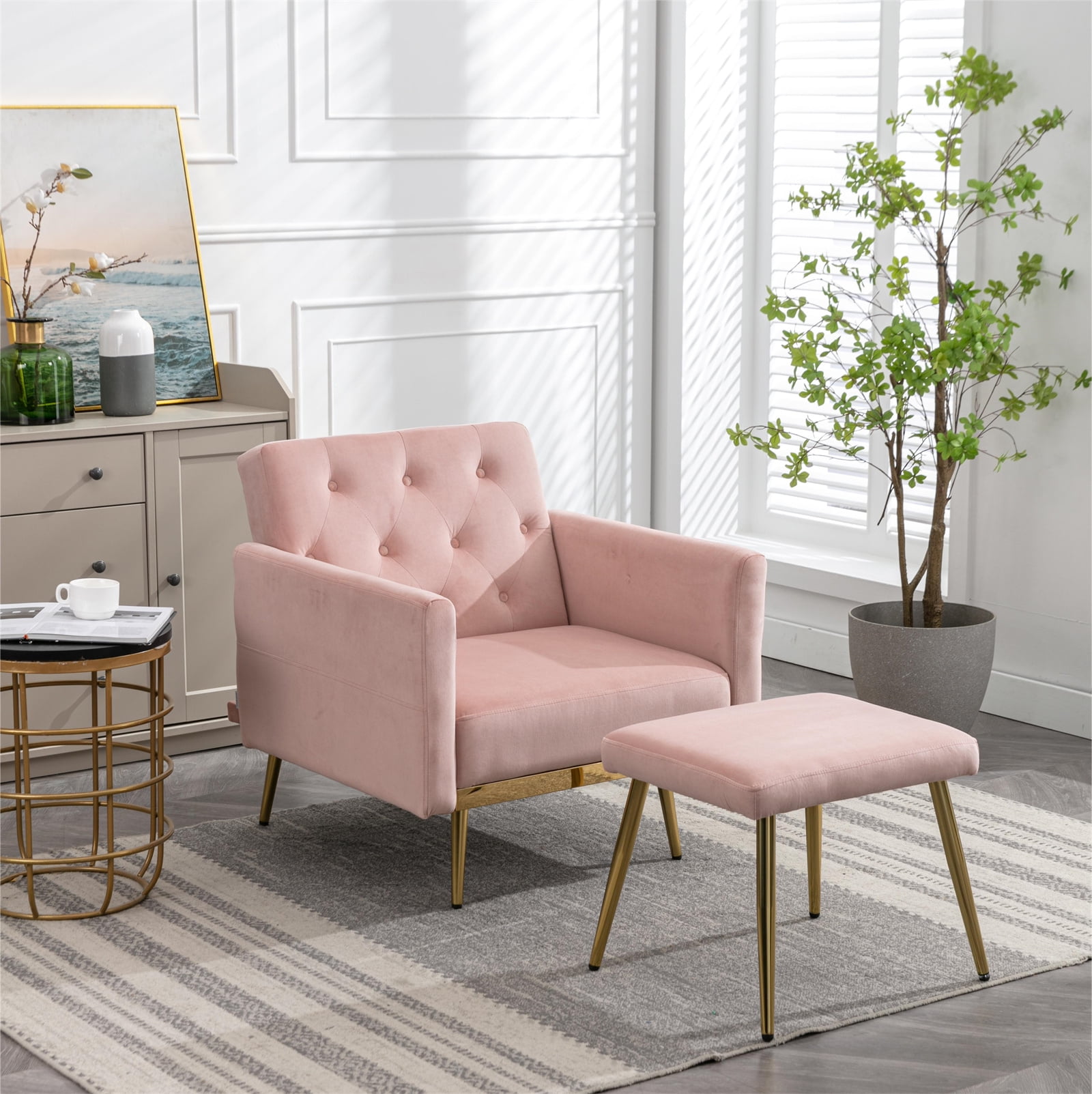 Accent Chair with Ottoman, Velvet Button Tufted Upholstered Recliner ...