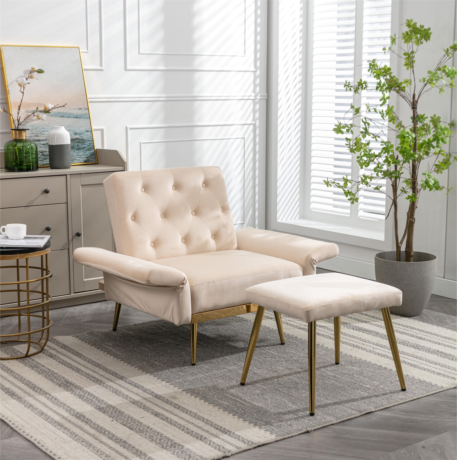 Accent Chair with Ottoman, Velvet Button Tufted Upholstered Recliner ...