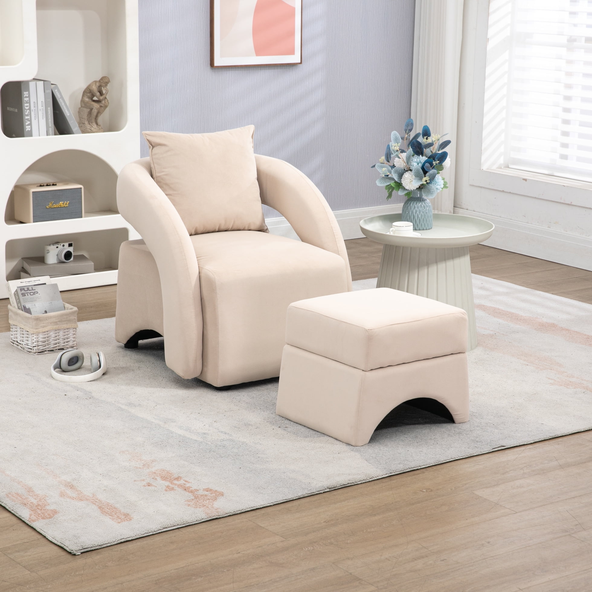 Accent Chair with Ottoman, Velvet Hollow Backrest Armchair Barrel Chair ...