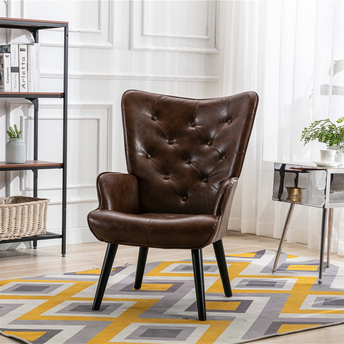 Accent Chair, PU Leather Leisure Armchair with Tufted Tall Backrest ...