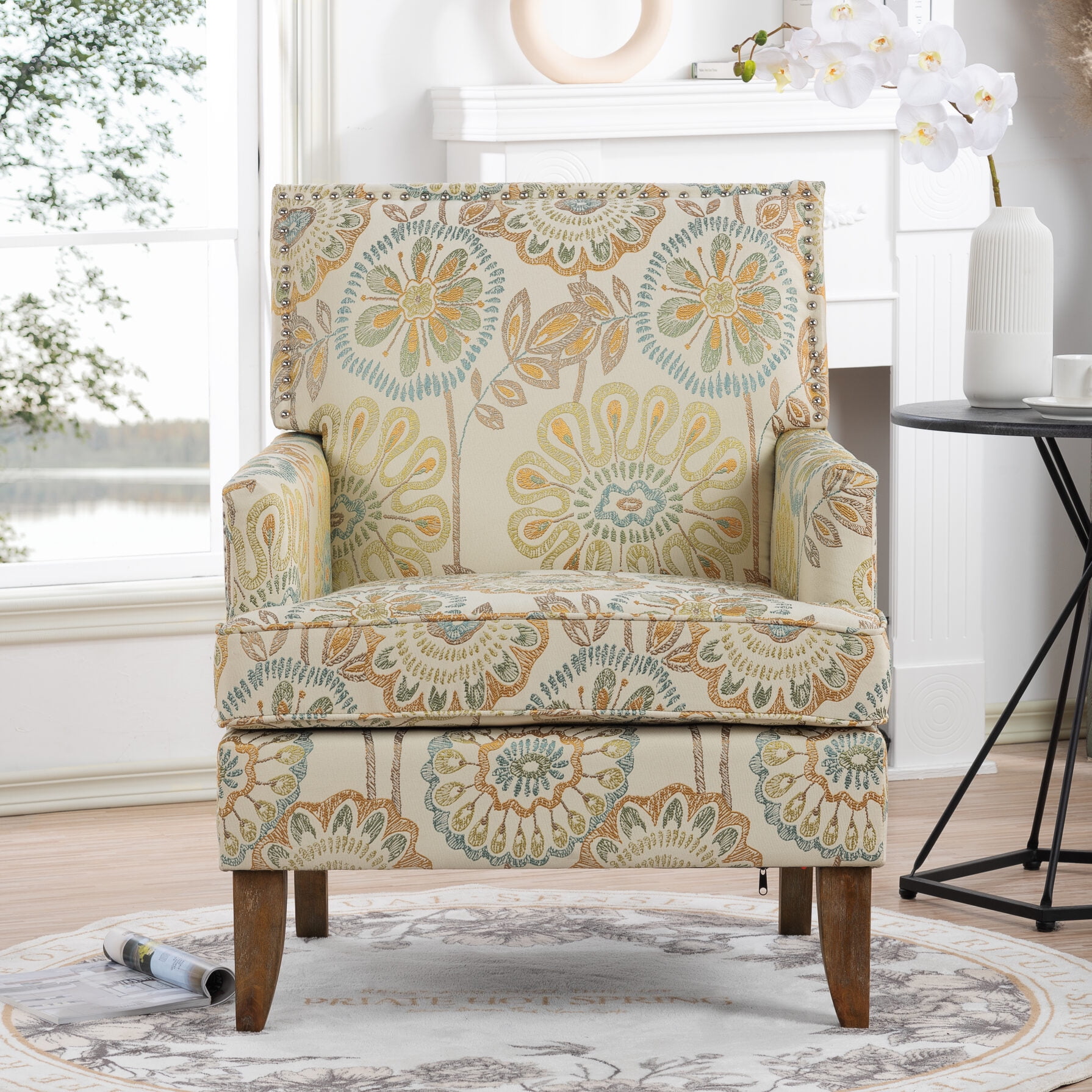 Accent Chair with Pattern and Nail Head Design, Modern Fabric Armchair ...