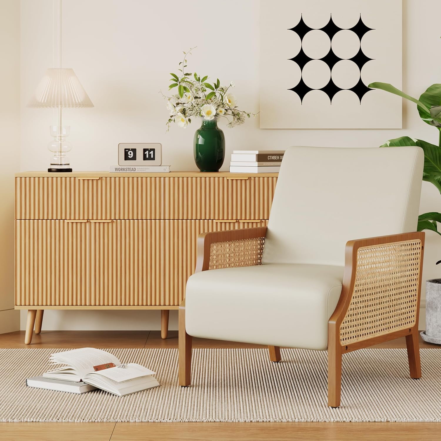 Accent Chair with Rattan Armrest, Upholstered Living Room Chairs Lounge ...