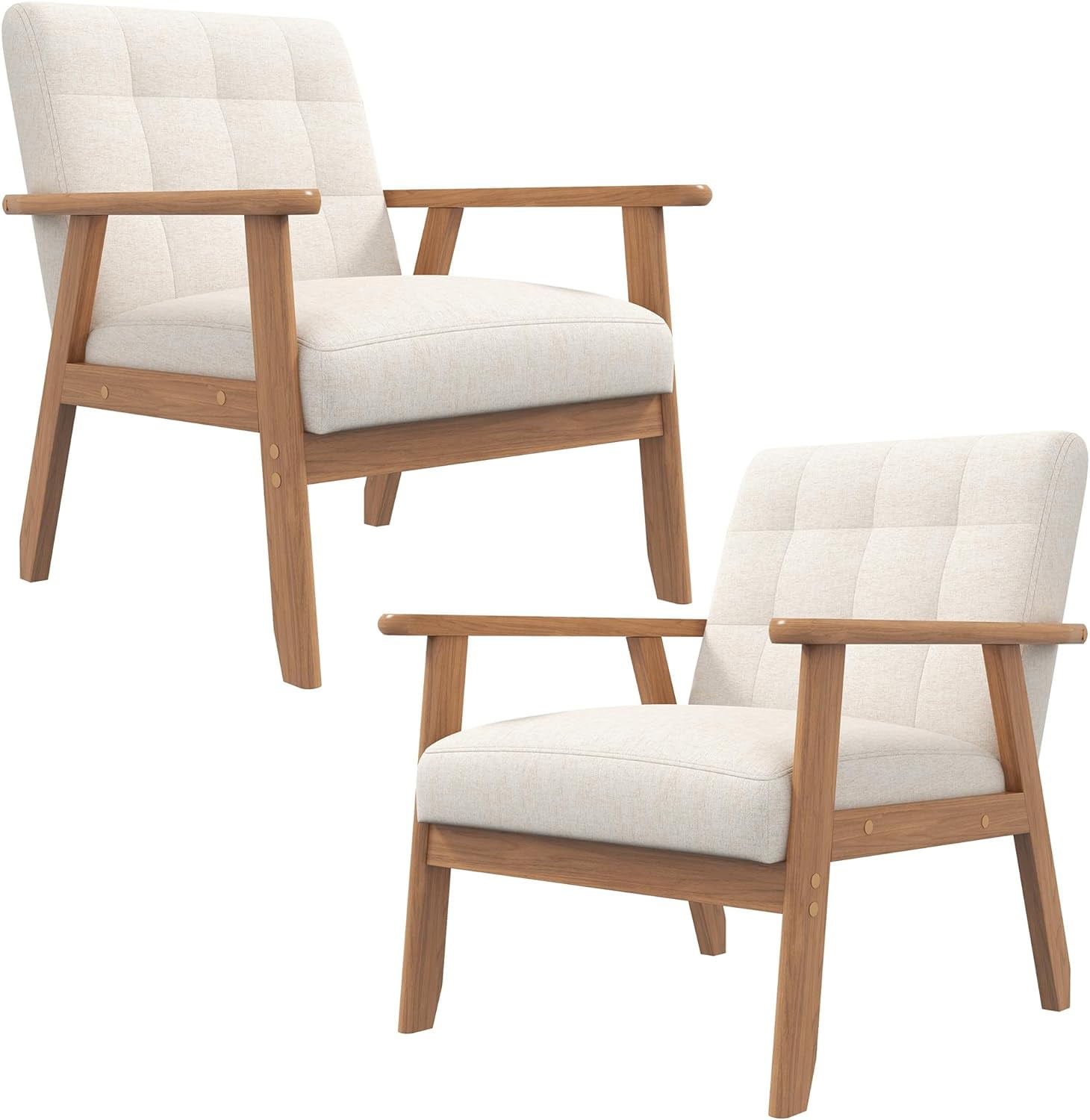 Accent Chair Set of 2, Mid-Century Modern Living Room Chairs with Solid Wood Frame & Soft ...